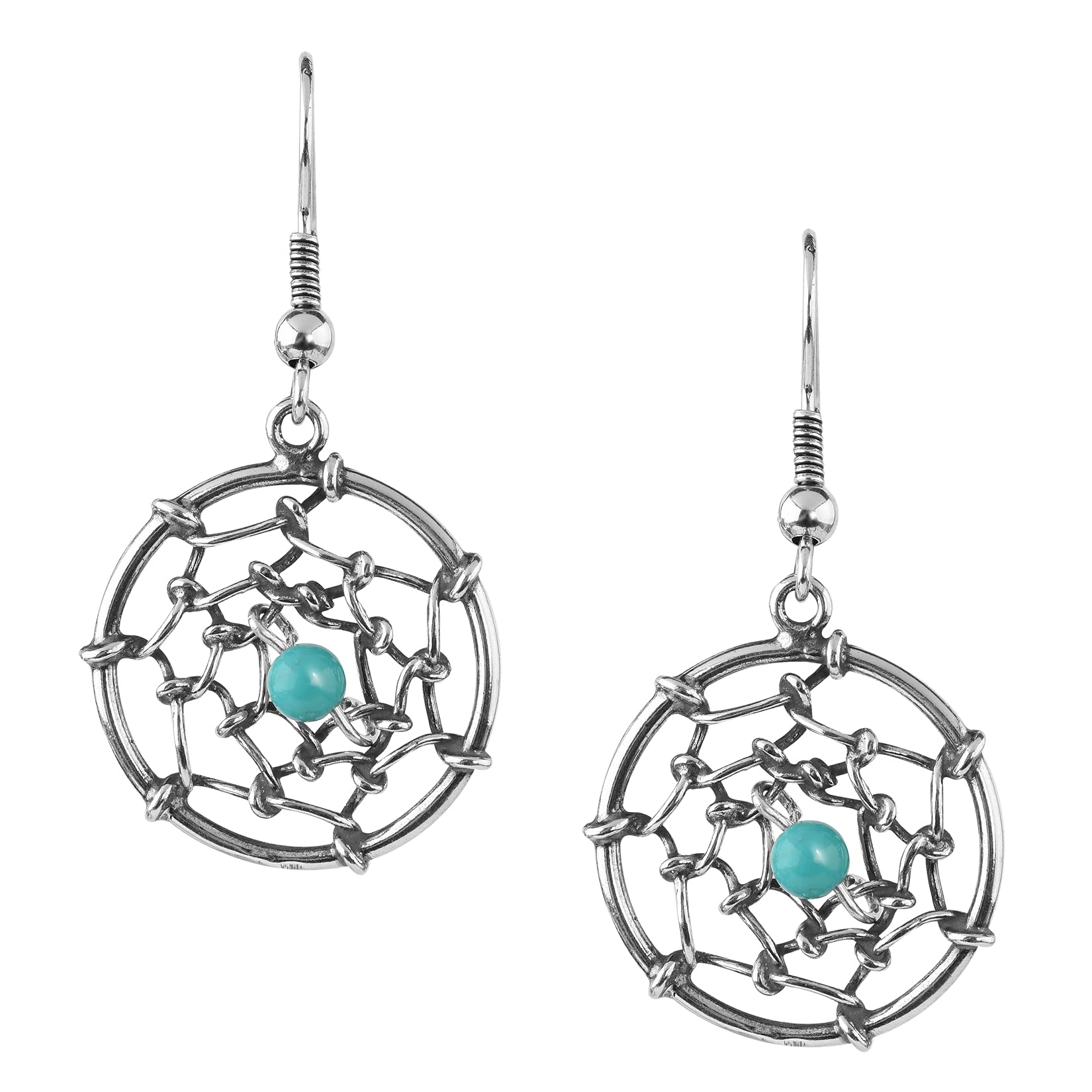 American West Sterling Turquoise Gemstone Dream Catcher Dangle Earrings