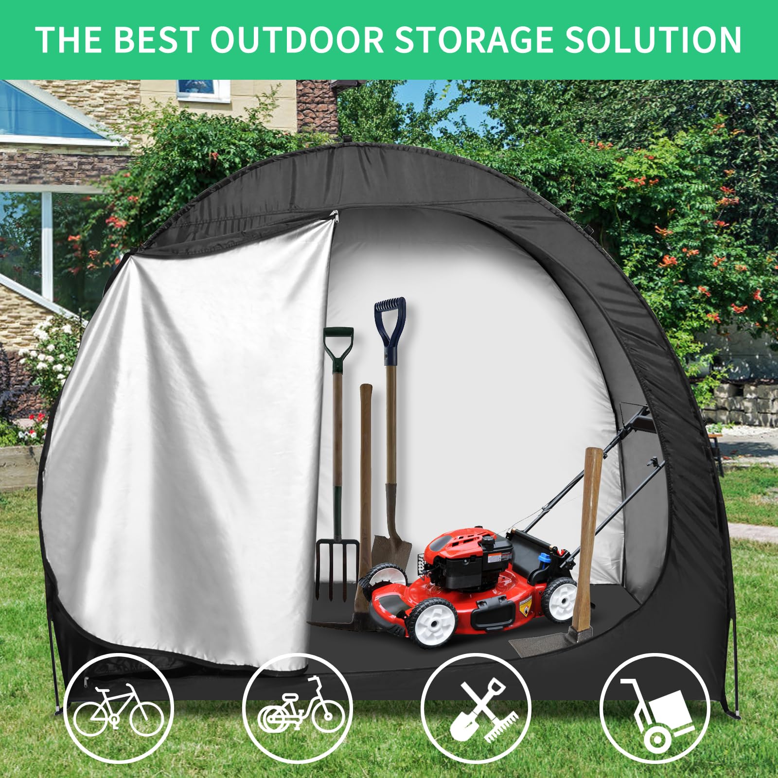Bike Storage Tent, Outdoor Large Storage Sheds Covers for 4 Bikes, Waterproof Lawn Mower Garden Tools Shed Backyard Storage Tent Shelter