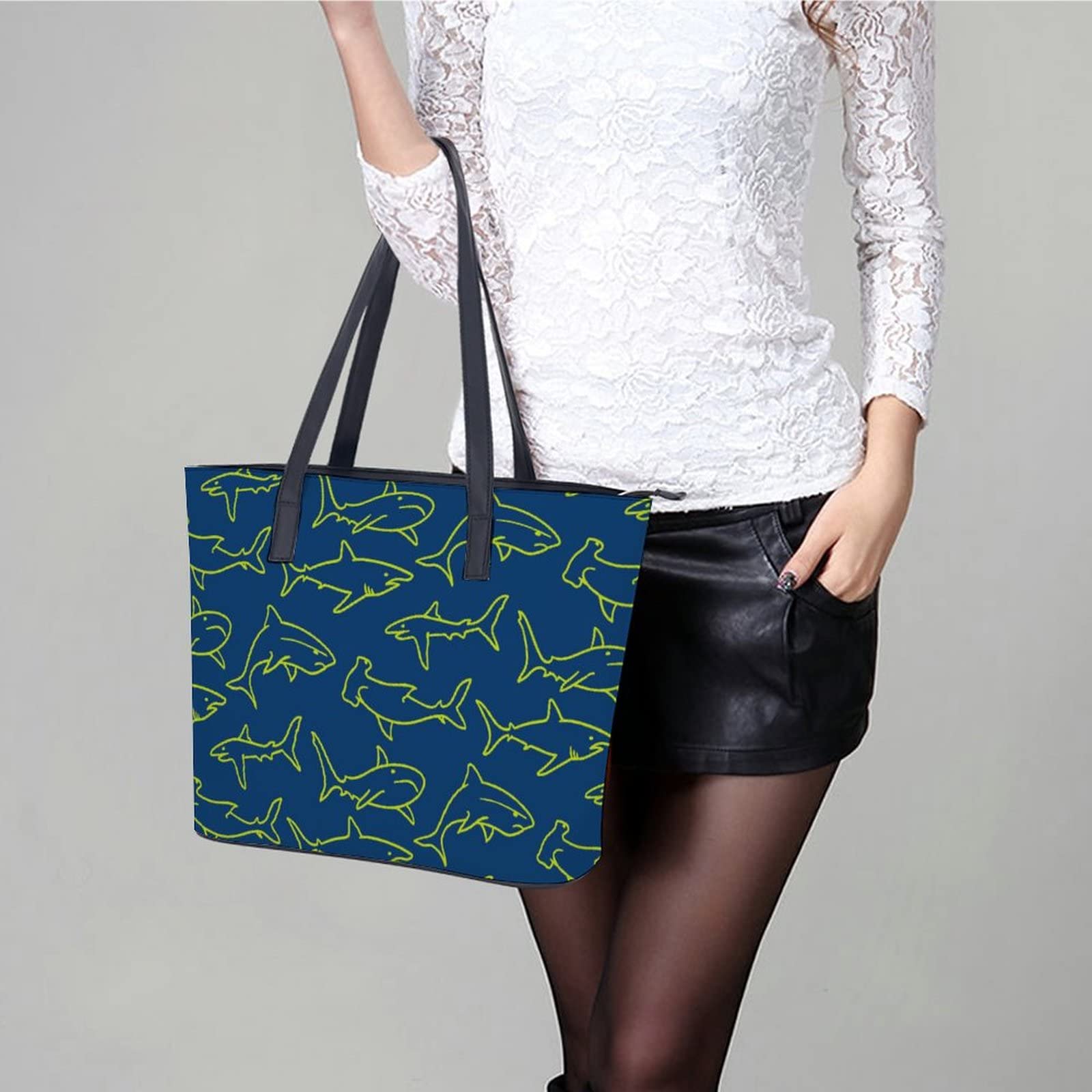 Swimming Shark Women's Tote Bag PU Leather Shoulder Bag Handbags Purse For Work Shopping Travel