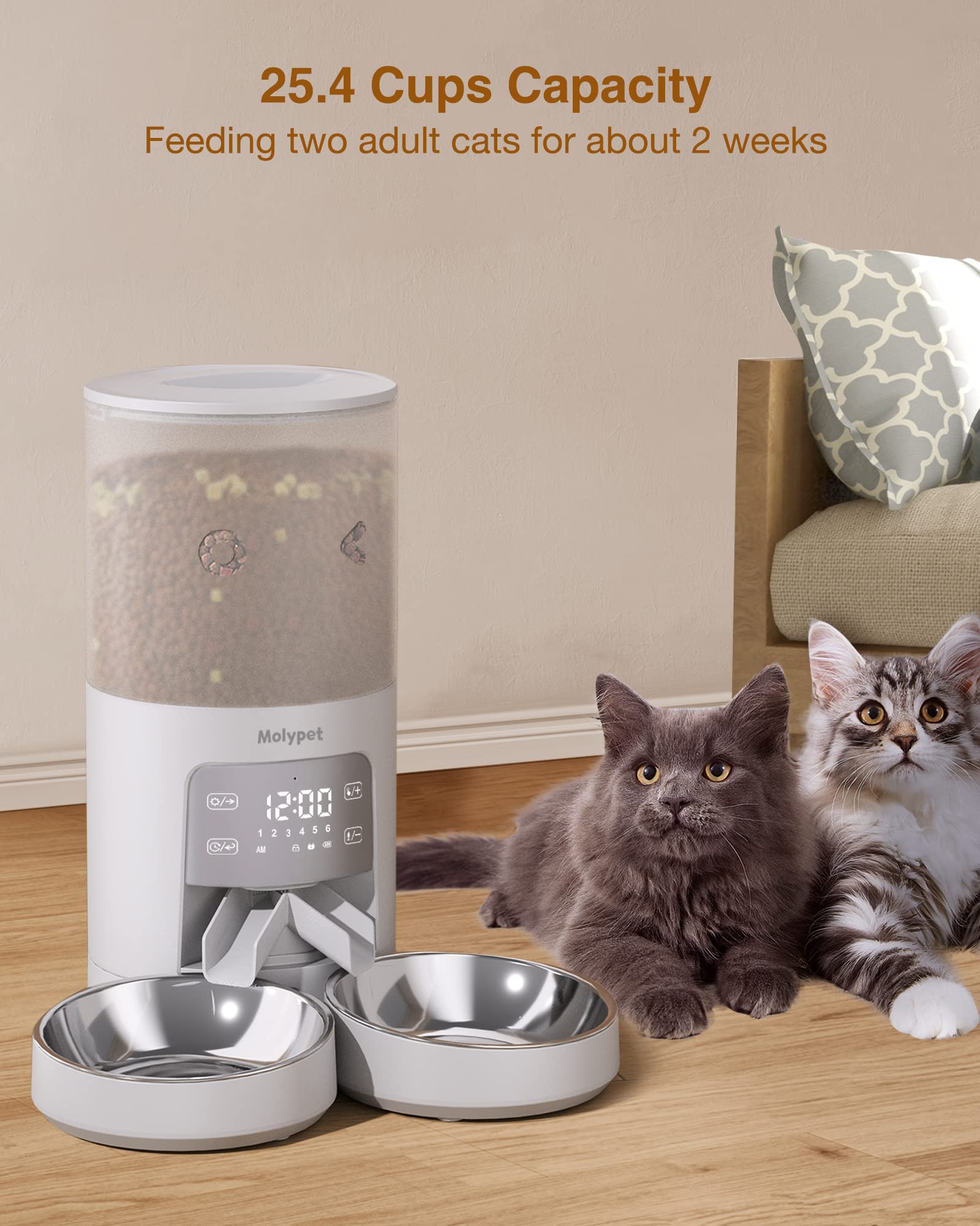 Molypet Automatic Cat Feeders for 2 Cats - 6L Cat Food Dispenser with Double Bowls, Programmable Timed Cat Feeder up to 6 Meals per Day with 10S Voice Recorder, Support Dual Power Supply