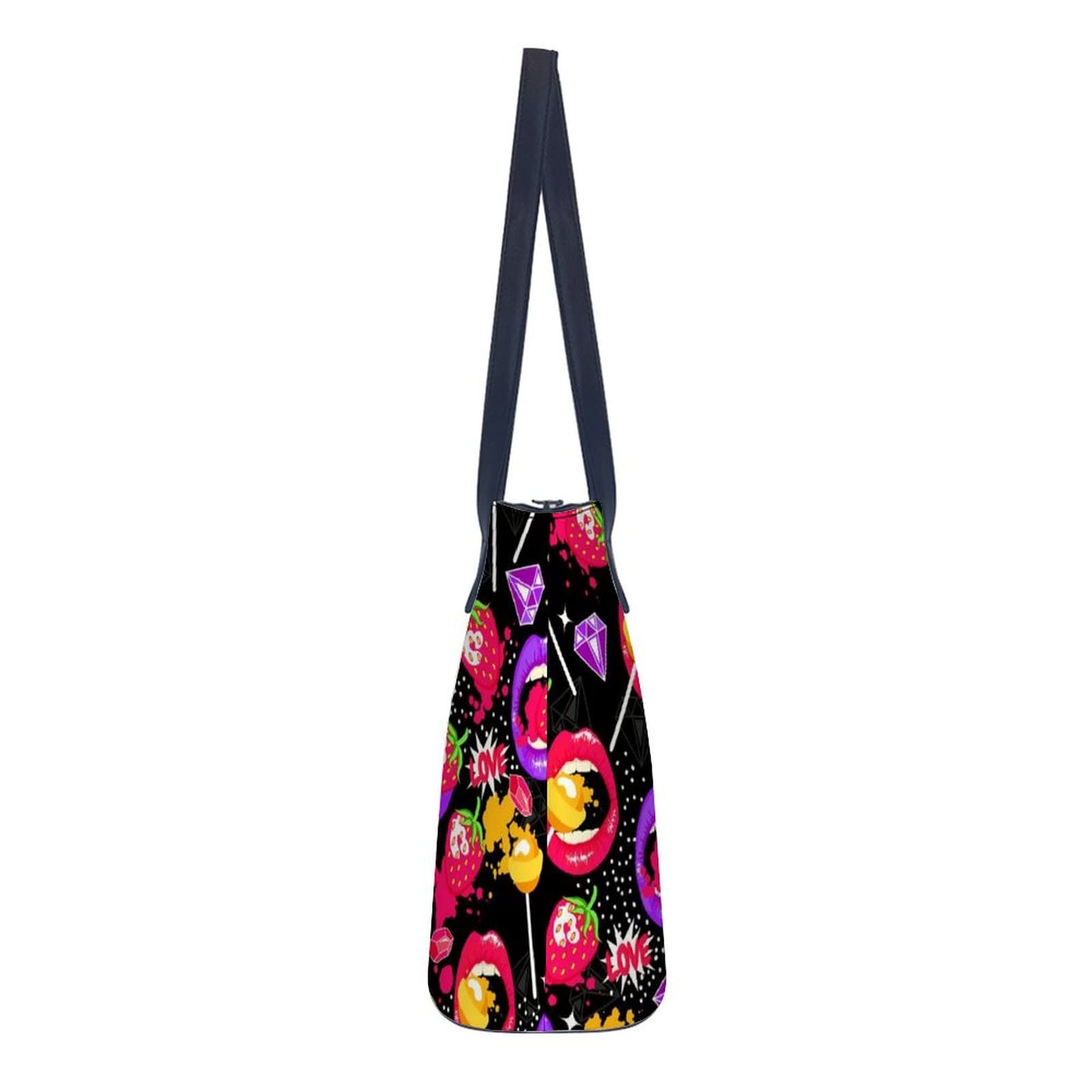 Lips Strawberry And Love Women's Tote Bag PU Leather Shoulder Bag Handbags Purse For Work Shopping Travel