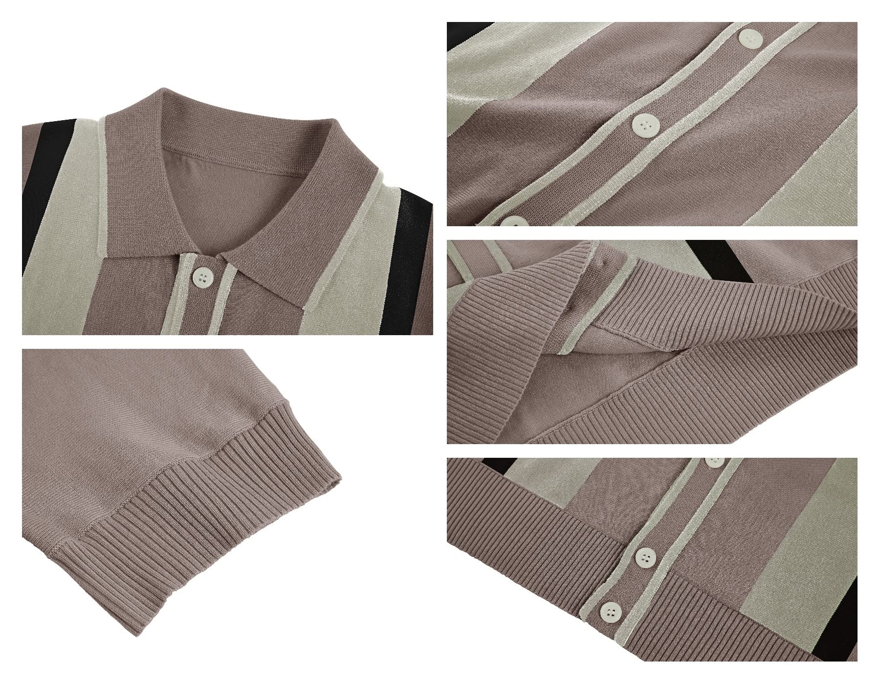 Angeun Mens Polo Shirts Short Sleeve Vintage Striped Knit Cardigan Button Down Lightweight Golf Shirts Grey