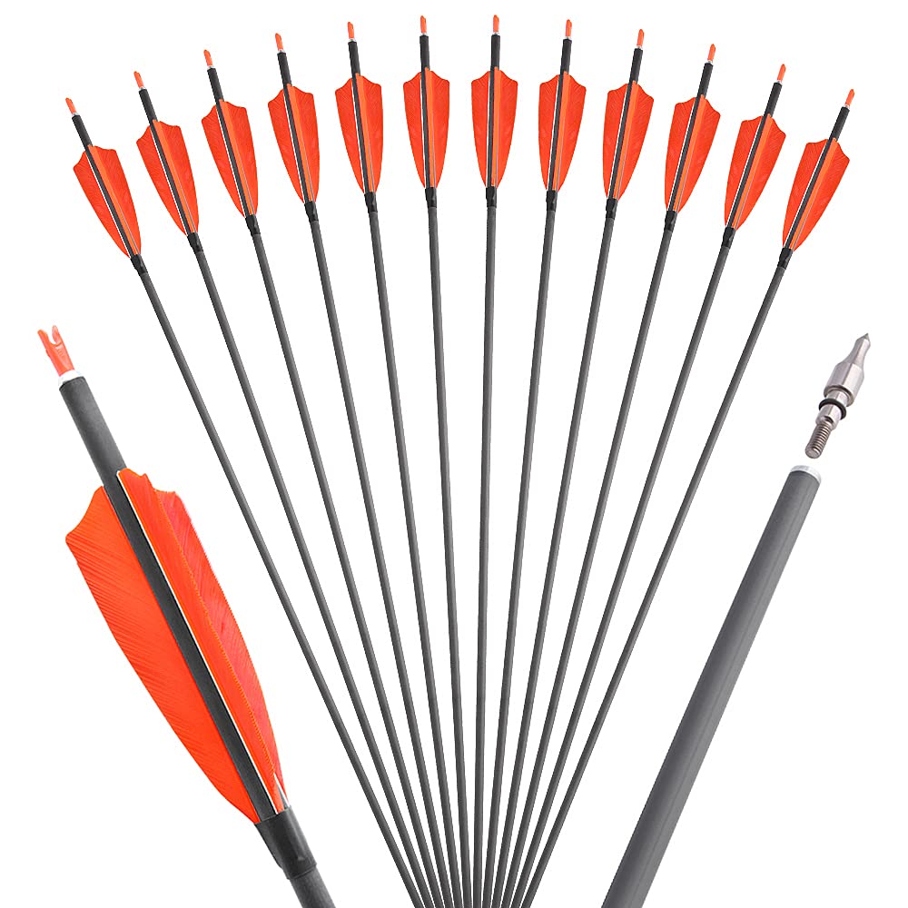 AMEYXGS 6/12 Pcs 34 Inch Archery Carbon Arrows 400 Spine Hunting Compound Arrows with 4” Turkey Feather Target Practice Arrow for Compound and Recurve Bow (Orange set, 12 pcs)