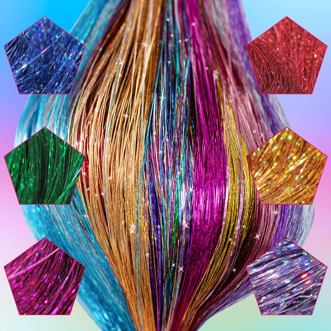UPTOUP 46 inch Hair Tinsel Kit with Tools 12 Colors 2000 Strands Glitter Sparkling Shiny Hair Extensions Silk Fairy (12 colors)