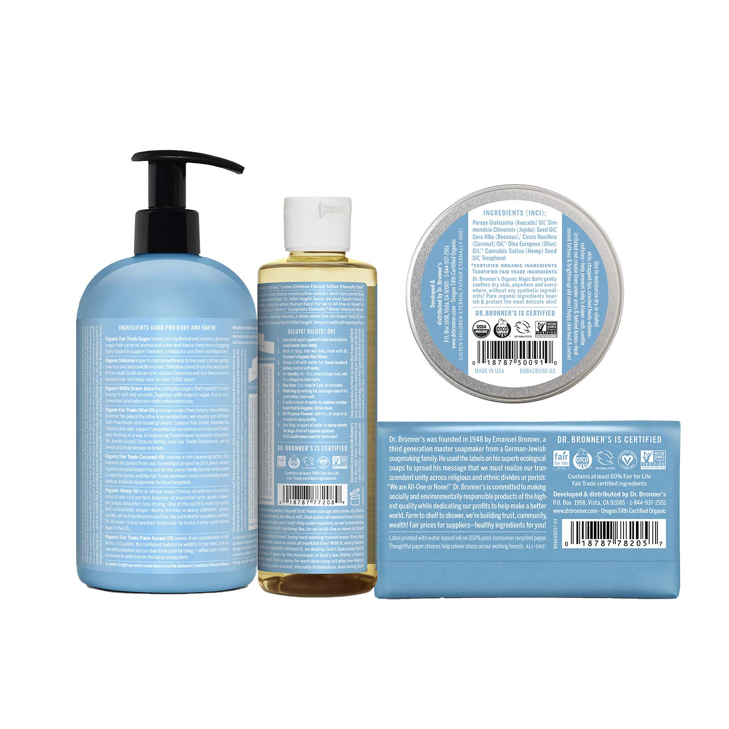 Dr. Bronner's Baby Unscented Gift Set - Pure-Castile Liquid and Bar Soaps, Organic Magic Balm, and 4-in-1 Organic Sugar Pump Soap
