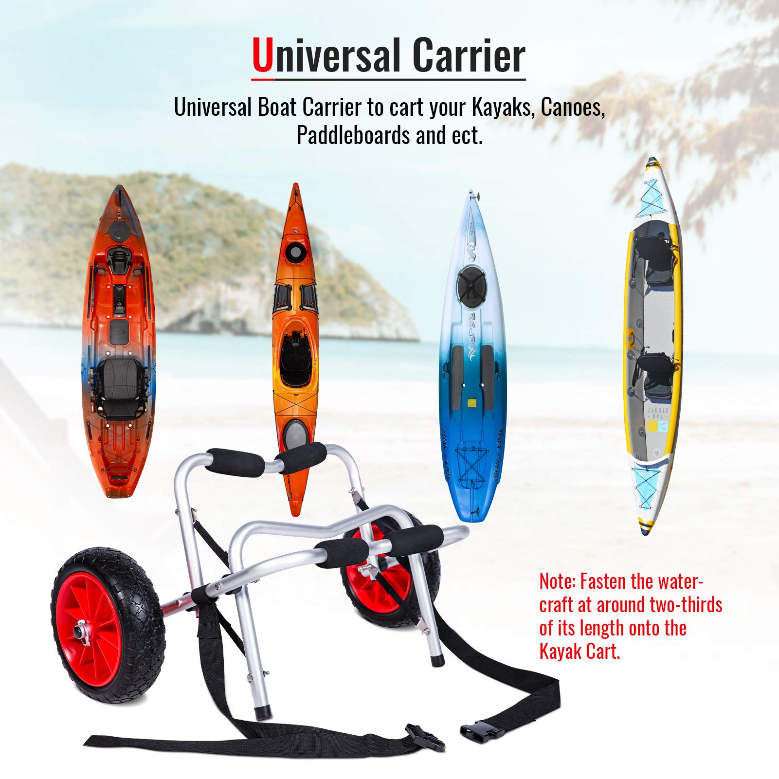 AA Products Kayak Canoe Carrier Cart Dolly Trailer Tote Solid Wheel Tires Hold up to 150 lb, Comes with Secure Buckle Straps