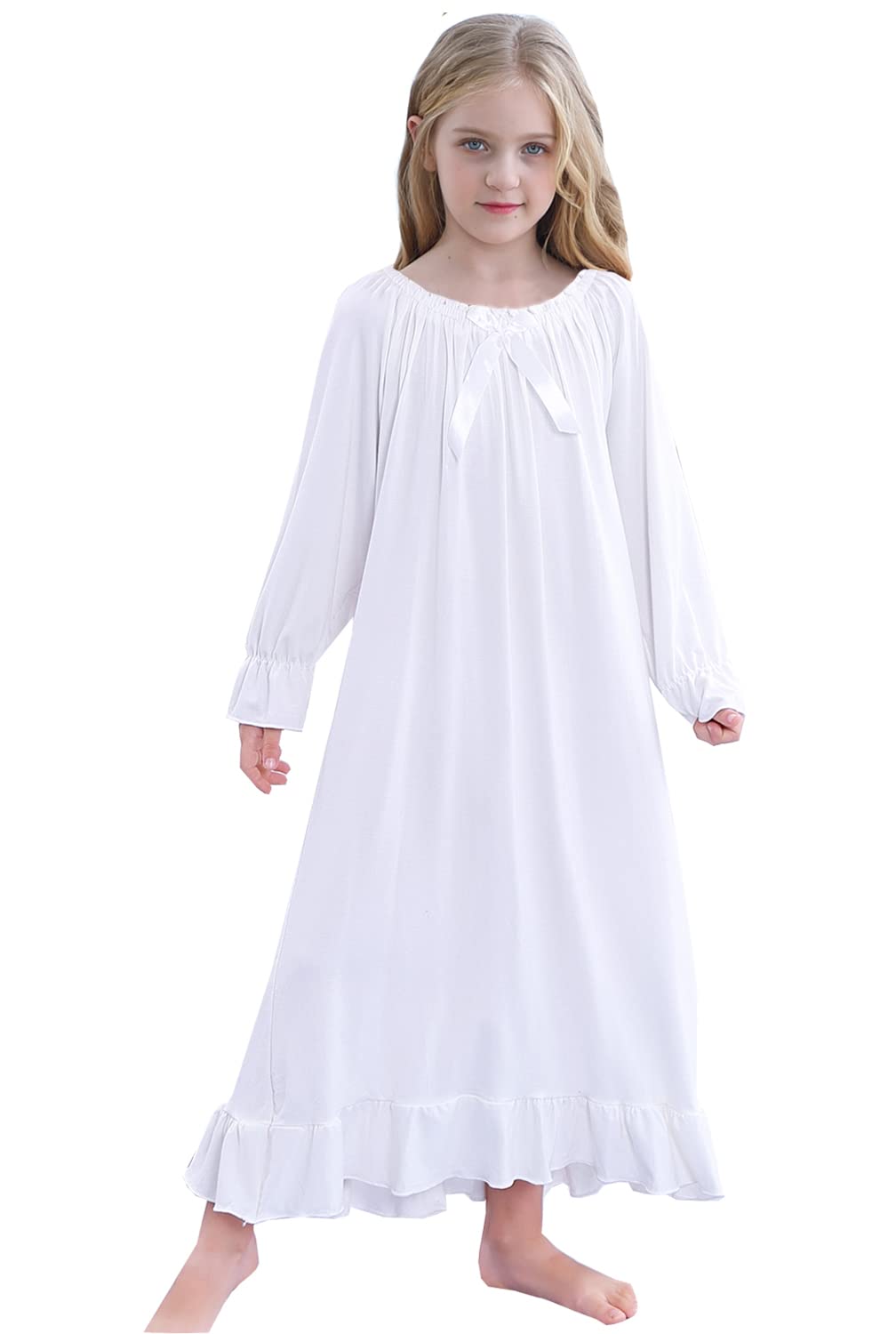 PUFSUNJJ Kids Girls Soft Cotton Nightgown Sleepwear Dress Toddler 3-12 Years Off-white