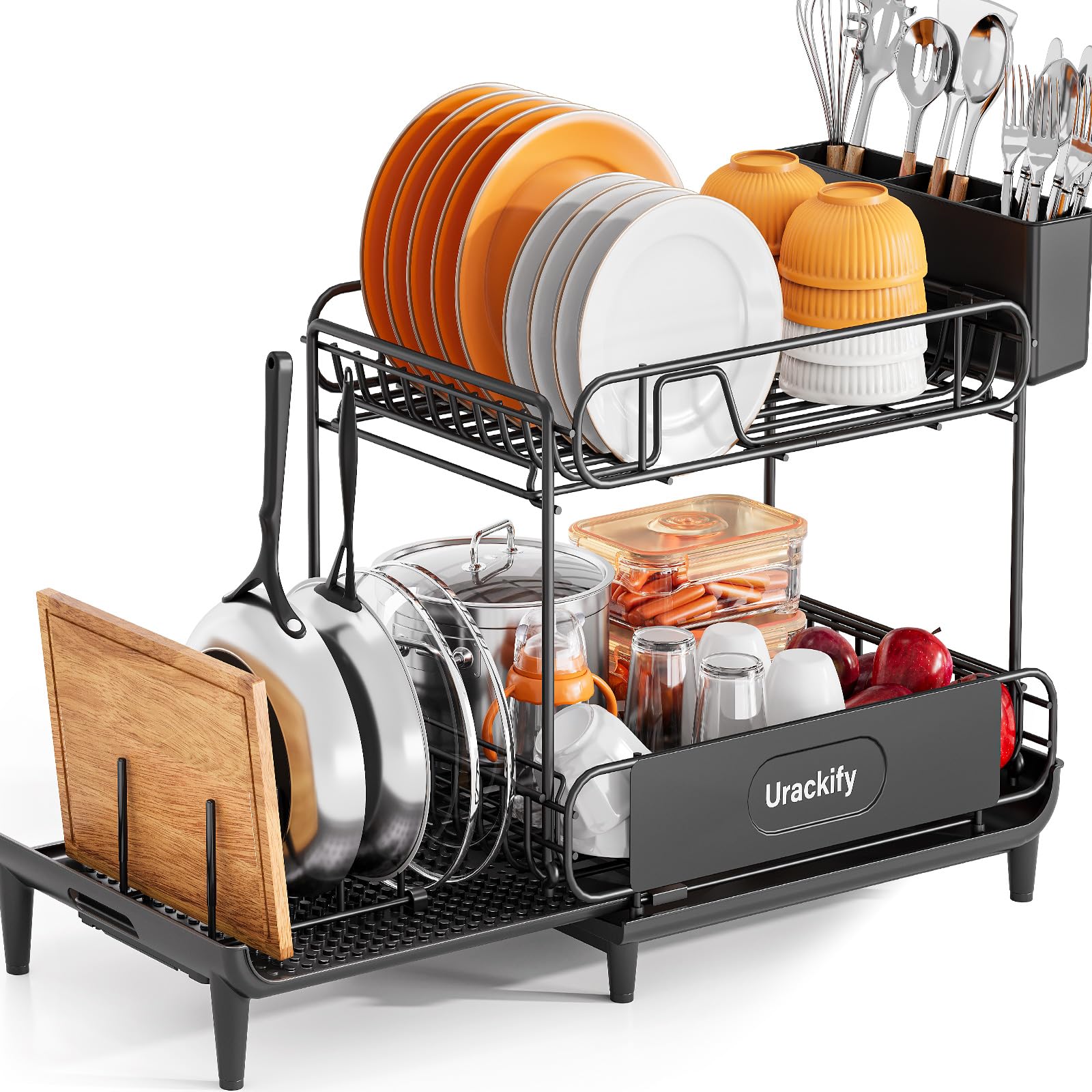Urackify Dish Drying Rack, Expandable Dish Rack for Kitchen Counter, Large Collapsible Countertop Dish Drainer with Pan & Pot Holder, Stainless Steel Dish Strainer with Cup & Utensil Holder