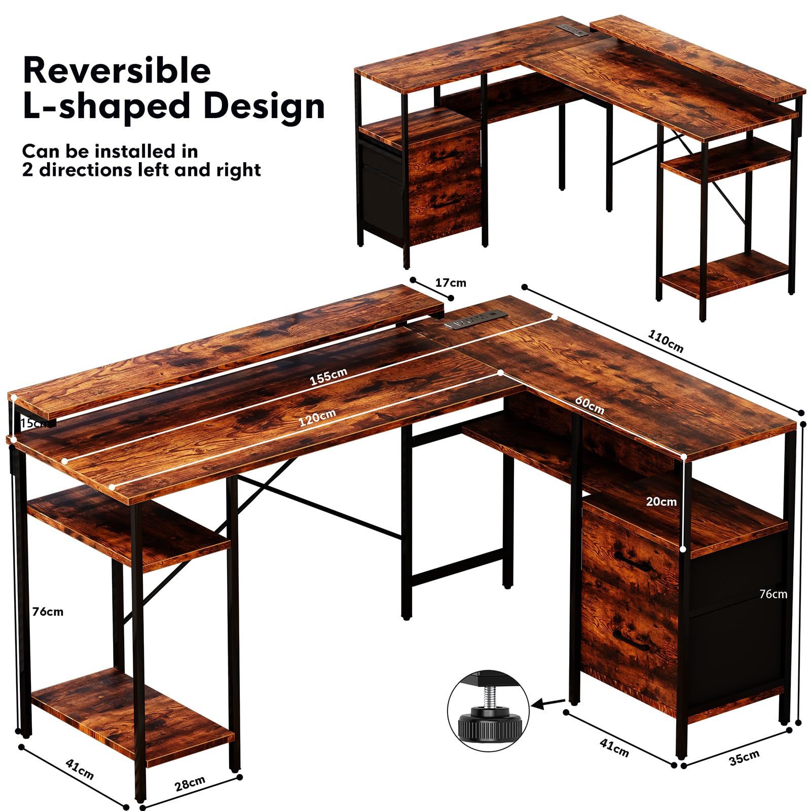 BINCUE L-Shaped Home Office Desk with 2 Drawer Office Computer Desk with Monitor Stand Power Outlets and LED Lights Reversible Corner Gaming Desk 61 Inch Rustic Brown