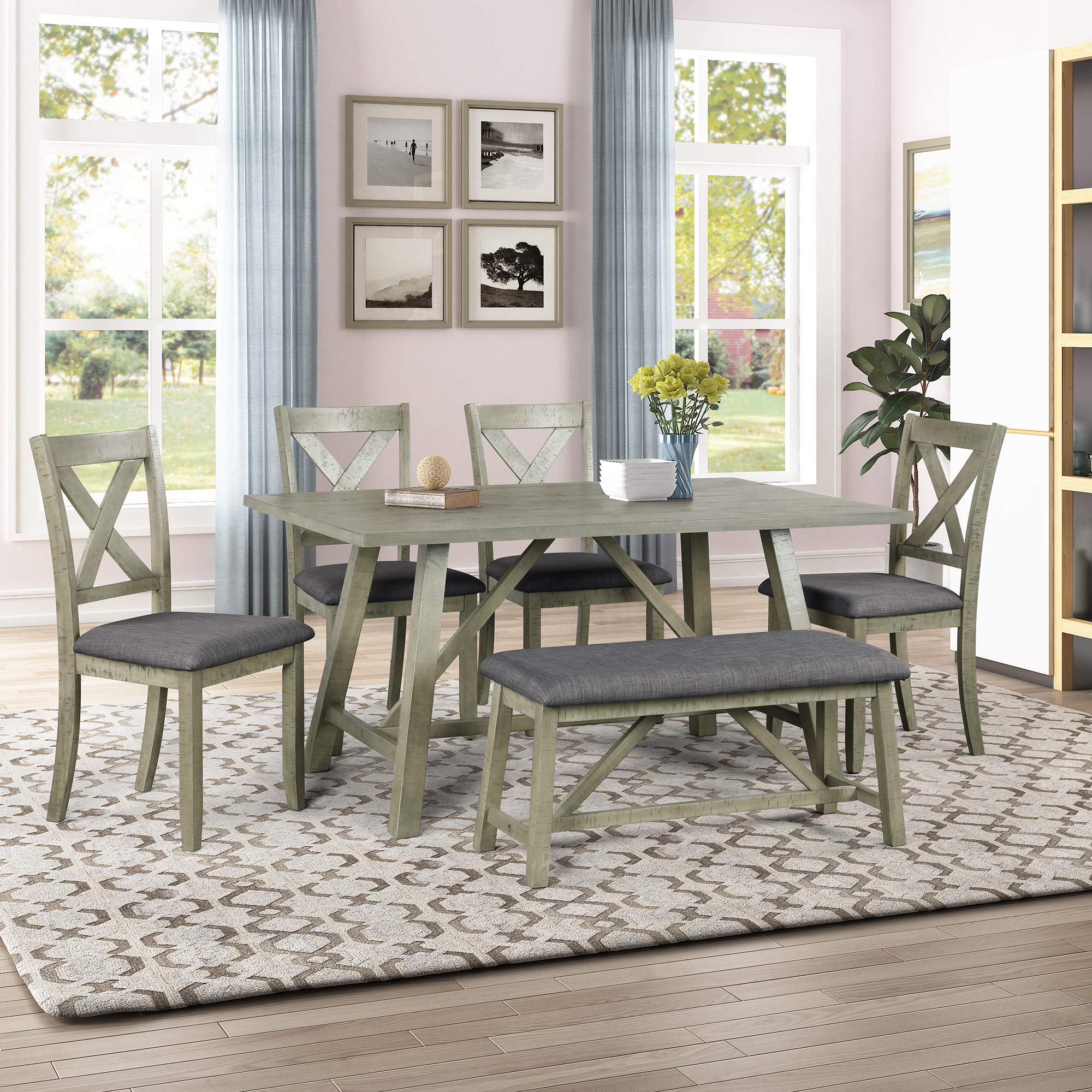 Actual Solid Wood Kitchen Dining Room Set for Dining Kitchen Room, 6 Piece Dining Table Set Dining Table and Chair, 1 Bench and 4 Chairs, Rustic Style, Grey, Dining table: 60 x 36 x 29.9 inches