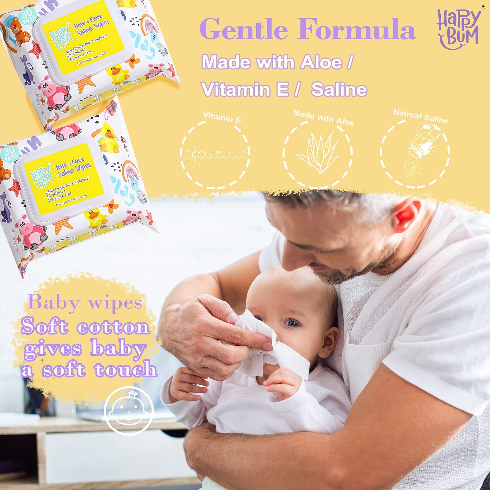 Baby Wipes - HAPPY BUM Saline Baby Wipes, Hypoallergenic, Unscented, 180 Count
