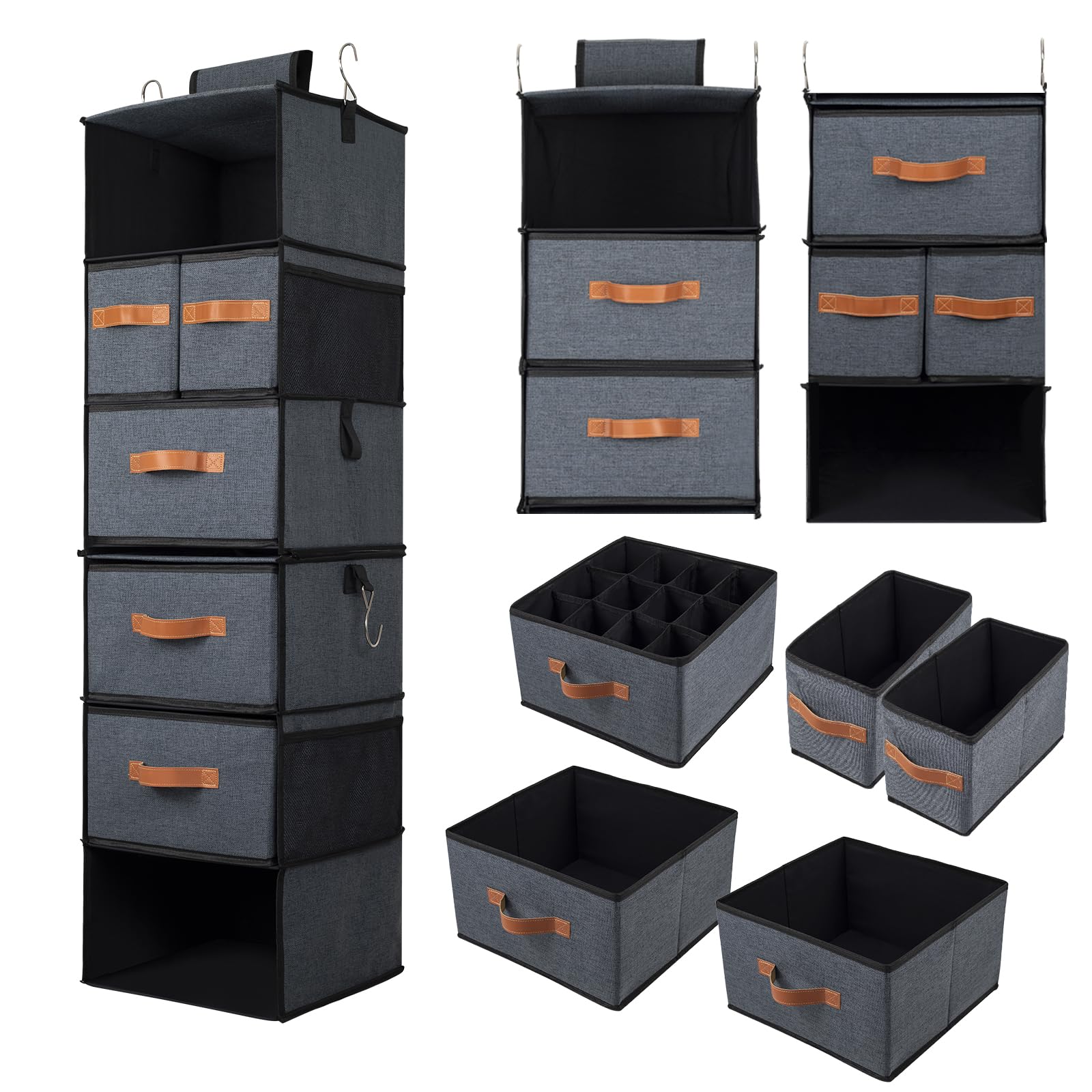 BinWhiz 12.6x12.6x44.1 Inch Hanging Closet Organizer and Storage Shelves, 6-Tier Shelf Clothes Organizers Bins with Drawers and Hooks for Closet Wardrobe Organization and Storage - Gray