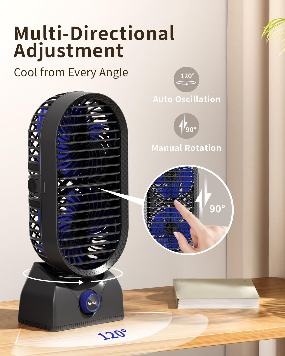 AaoLin Desk Tower Fan, 10000mAh Rechargeable Oscillating, Max Last 30Hrs, 11'' Portable Table Fan, 120° Oscillation for Powerful Circulation, Stepless Speed, Quiet for Home Bedroom Office Outdoor