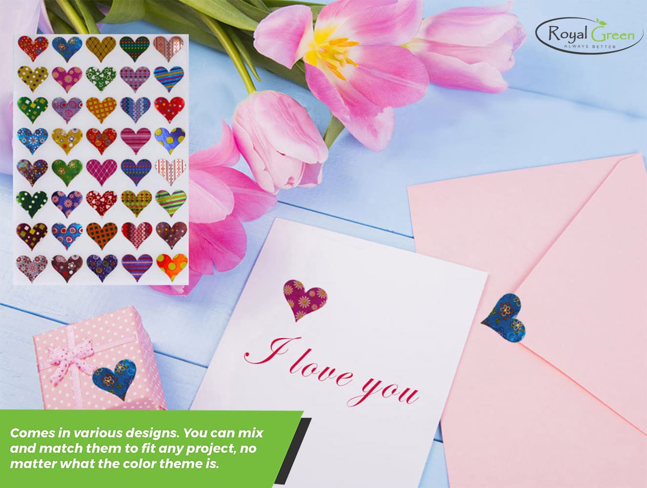 Royal Green Foil Heart Stickers in Gold Heart Shape Labels for Art and Crafts Permanent Adhesive - 400 Pack