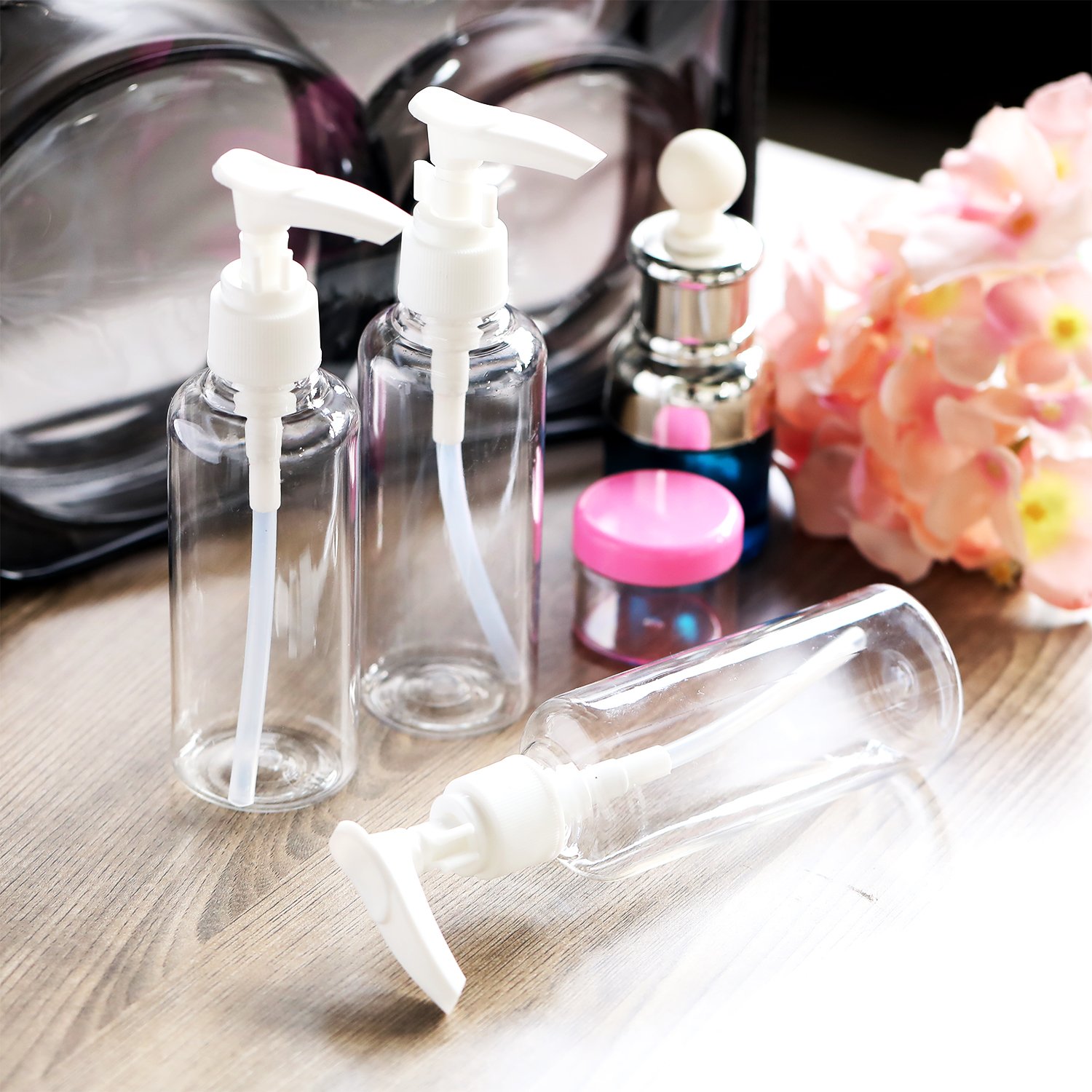 TecUnite 6 Pack Small Pump Bottles Clear Travel Bottle Plastic Empty Spray Dispenser Hand Lotion Sanitizer Refillable Accessories Set with Small Funnel for Flight, Airport, Holiday(100 ml,White)