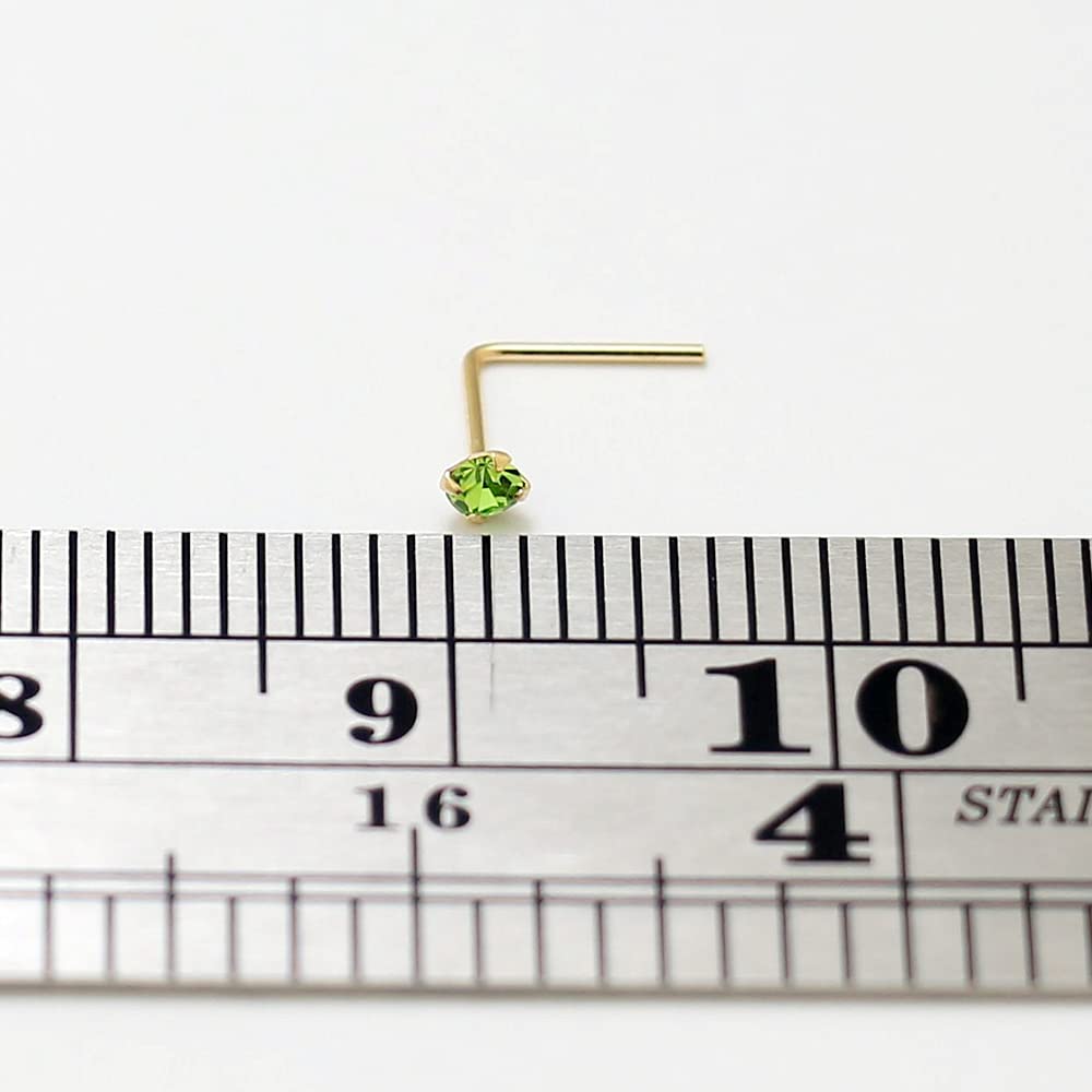 9 Karat Yellow Gold Claw Set 2.5MM Peridot Round Crystal Stone 22 Gauge L Shape Nose Stud Piercing Jewelry