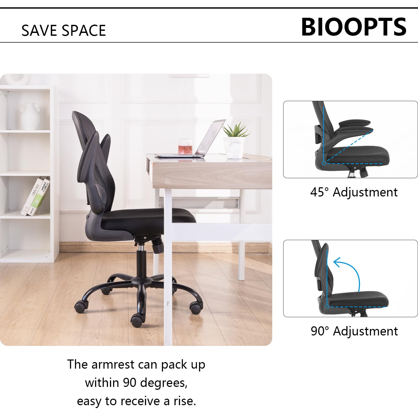Bioopts Mesh Office Chair Ergonomic Gaming Computer Chair Flip Up Armrests Lumbar Support 360° Swivel Adjustable Height Reclining Angle