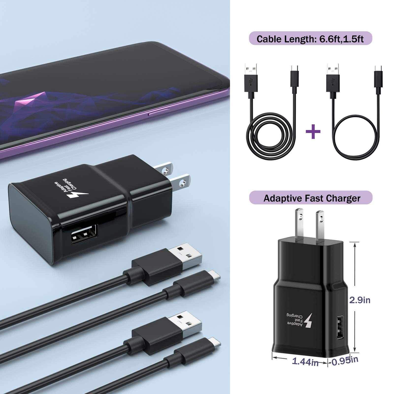Adaptive Fast Charger Kit with USB C Cable【6.6Ft+1.5Ft】, Excgood Fast Charging Block Type C Charger Compatible with Samsung Galaxy S8/9+/10e,Note 8/9, G5/6 V20/30-Black