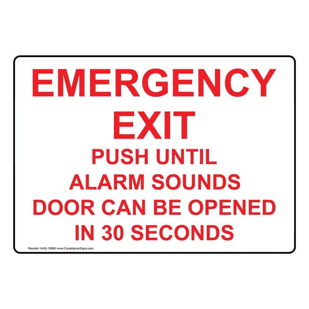 ComplianceSigns.com Emergency Exit Push Until Alarm Sounds Door Can Be Opened in 30 Seconds Label Decal, 5x3.5 in. 4-Pack Vinyl for Enter/Exit