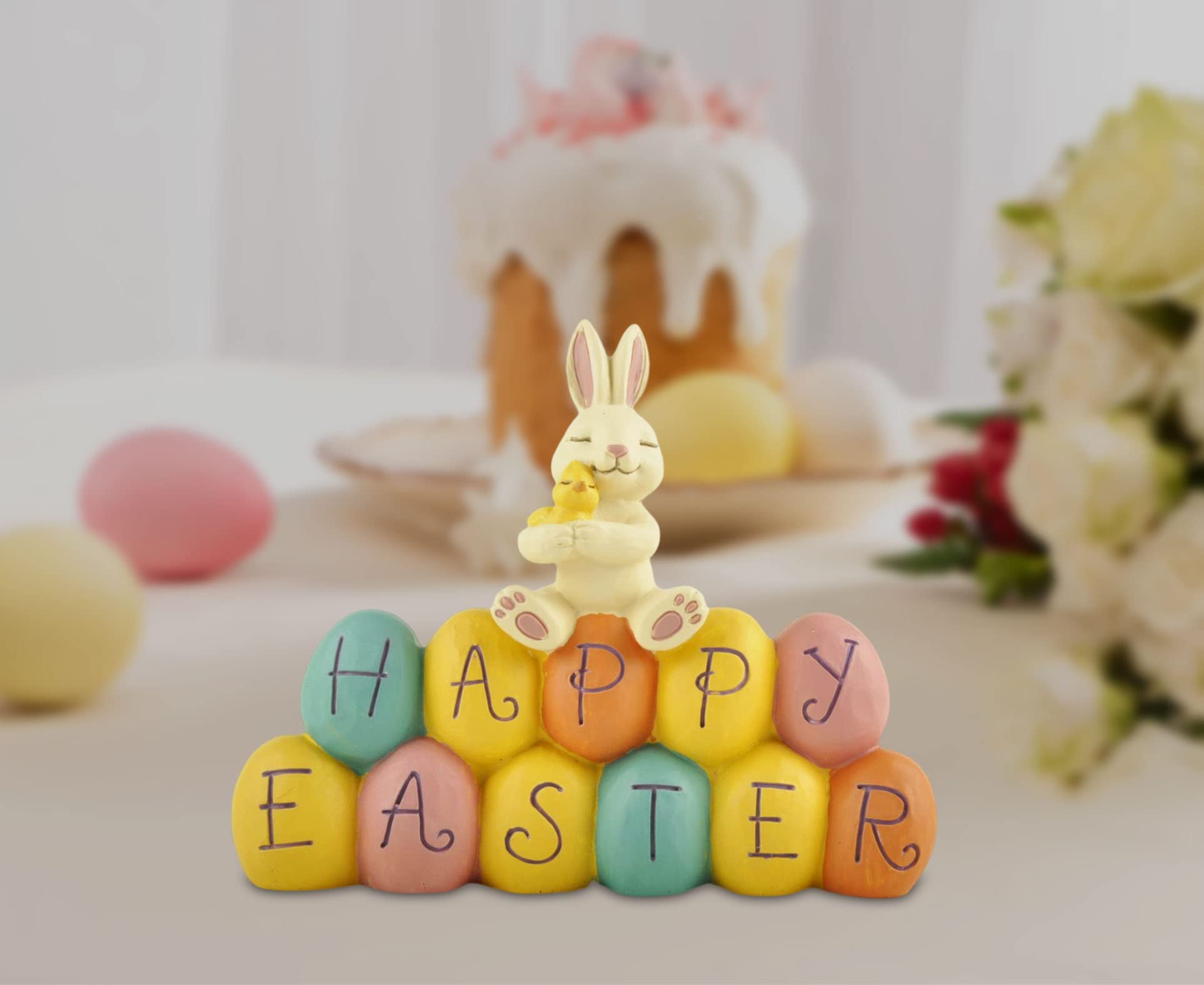Easter Bunny Figurine Decorations - Hand Painted Sping Rabbit Statue Ornament - Easter Animal Tabletopper Accessories Sculpture for Party,Garden,Home Decorations,4.8 Inch,Polyresin