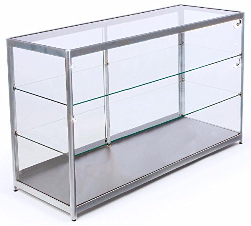 Displays2go 6’ Counter Glass Showcases with Side Lighting, Lockable, Tempered Glass Shelves, Aluminum Frame – Silver (JBQCT72LED)