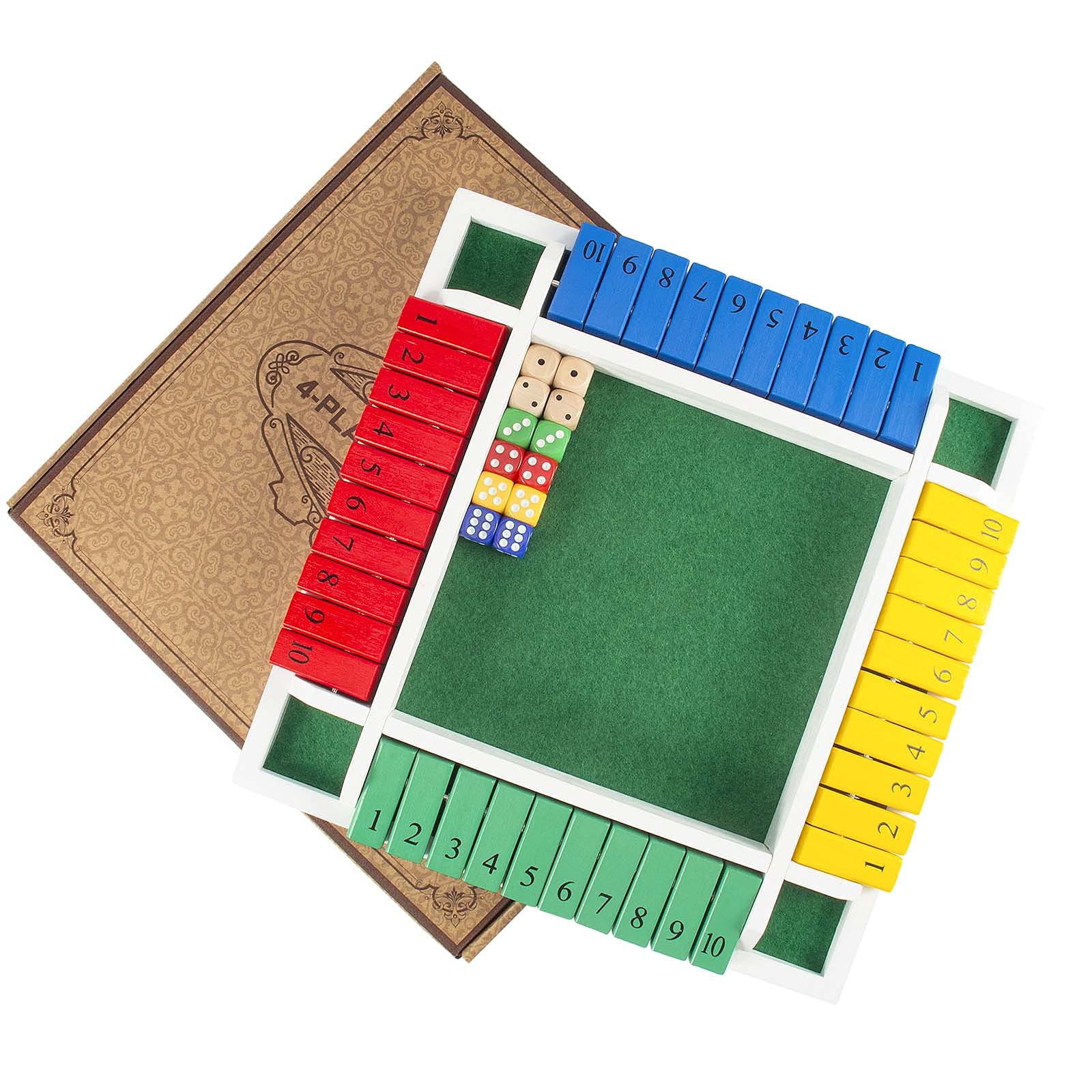 AMEROUS Shut The Box Dice Game-12 inches-Colorful Design-1-4 Players-12 Dice-Gift Package, Classic 4 Sided Wooden Board Game for Adults Kids, Classics Board Game