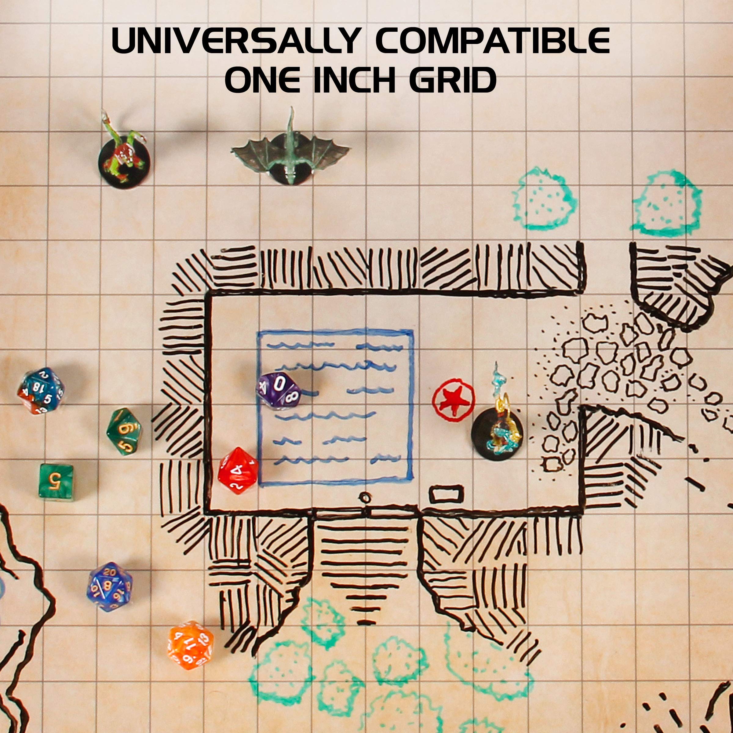 ENHANCE RPG Grid Mat - Tabletop DND Map (24x36 inch) Role Playing Dry Erase DND Mat Complete Gaming Set for Masters and Starters, Erasable Parchment Battle Grid Game Mat with Travel Pouch, Marker Kit