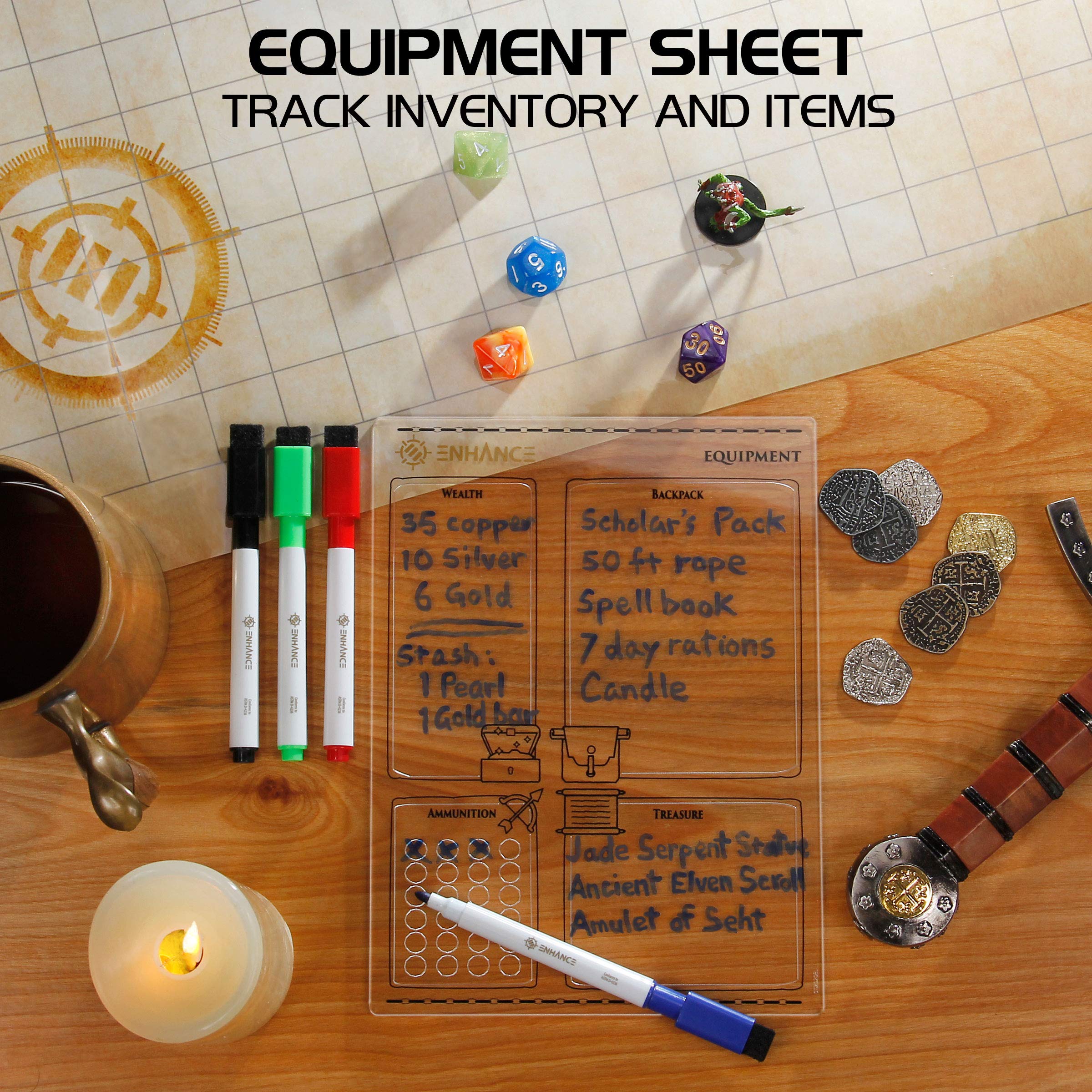 ENHANCE Tabletop Acrylic Character Sheet Set - Reusable 5e Dungeons and Dragons Character Sheets (Combat, Spell, Equipment) for All DND 5e Classes - Includes 3 Pages, Dry Erase Markers, Travel Pouch