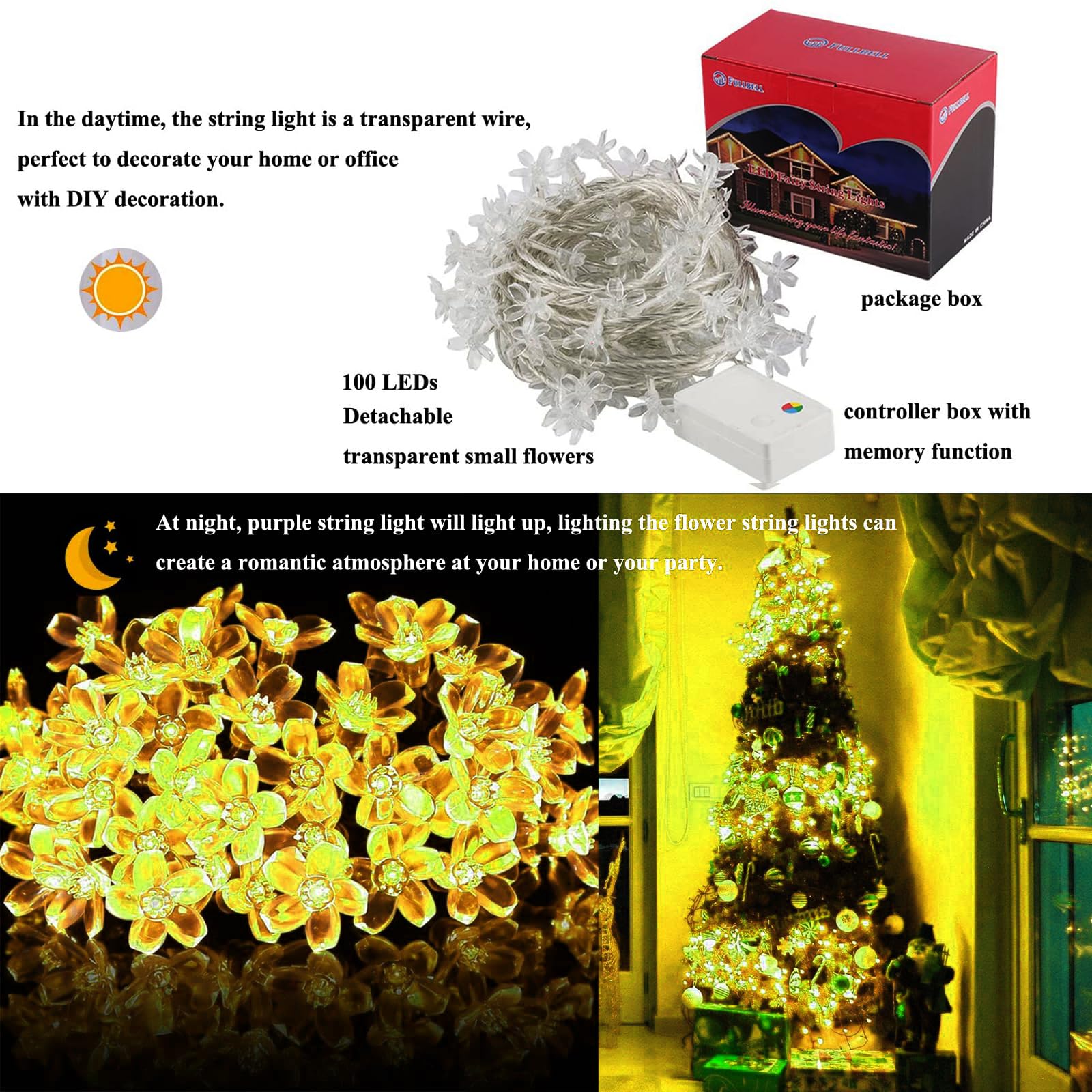 FULLBELL Fairy Lights Christmas Decorations Flower String Lights Home Decor 33 Feets 100 LED Memory Indoor Outdoor String Lights Fairy Lights Fairy Lights for Bedroom(Warm White)