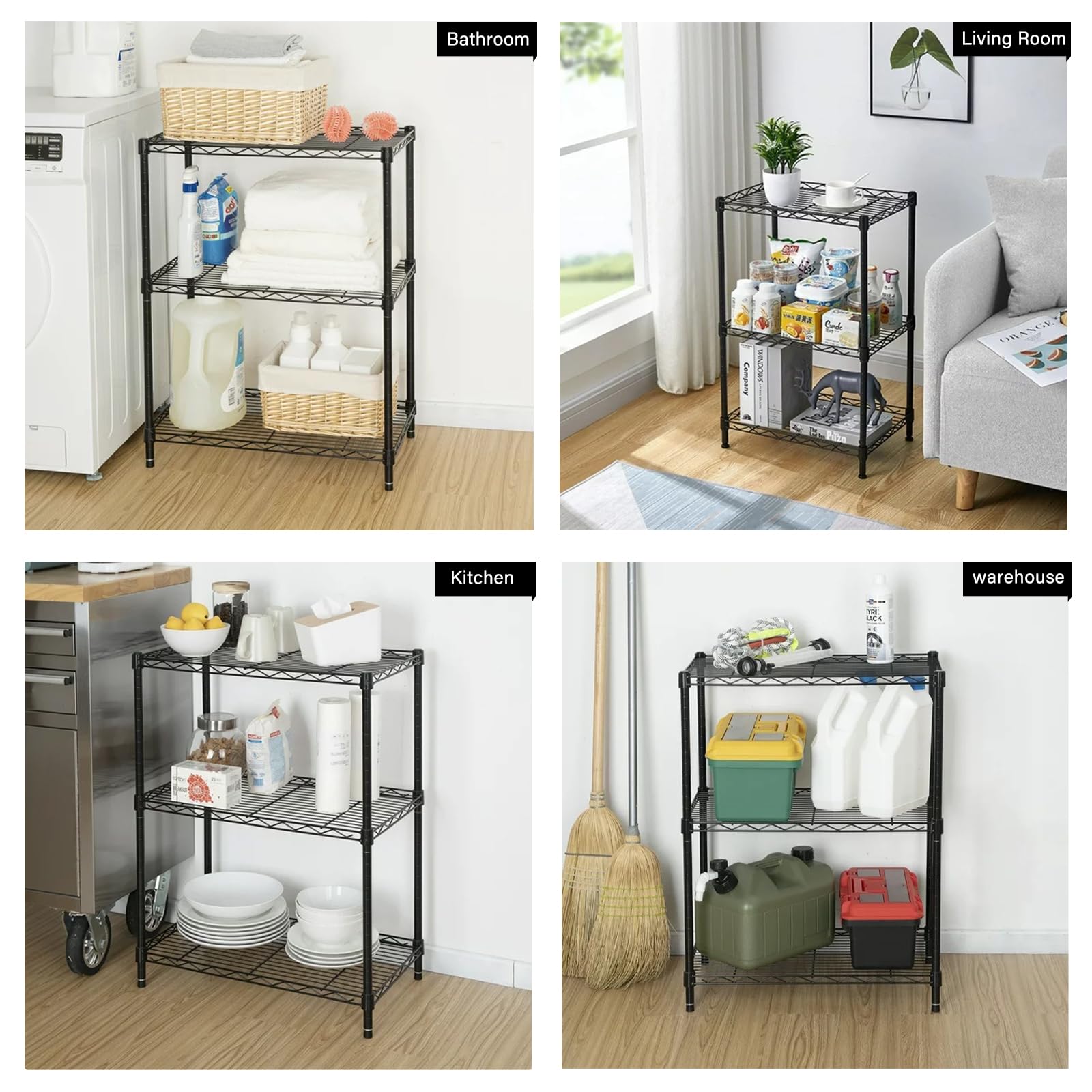 Yaliuliu 3 Tier Black Storage Racks and Shelving - Metal Steel Pantry Shelves - Adjustable Storage Shelf Metal Storage Organizer Wire Rack, Suitable for Kitchen, Bathroom, Bedroom,Closet