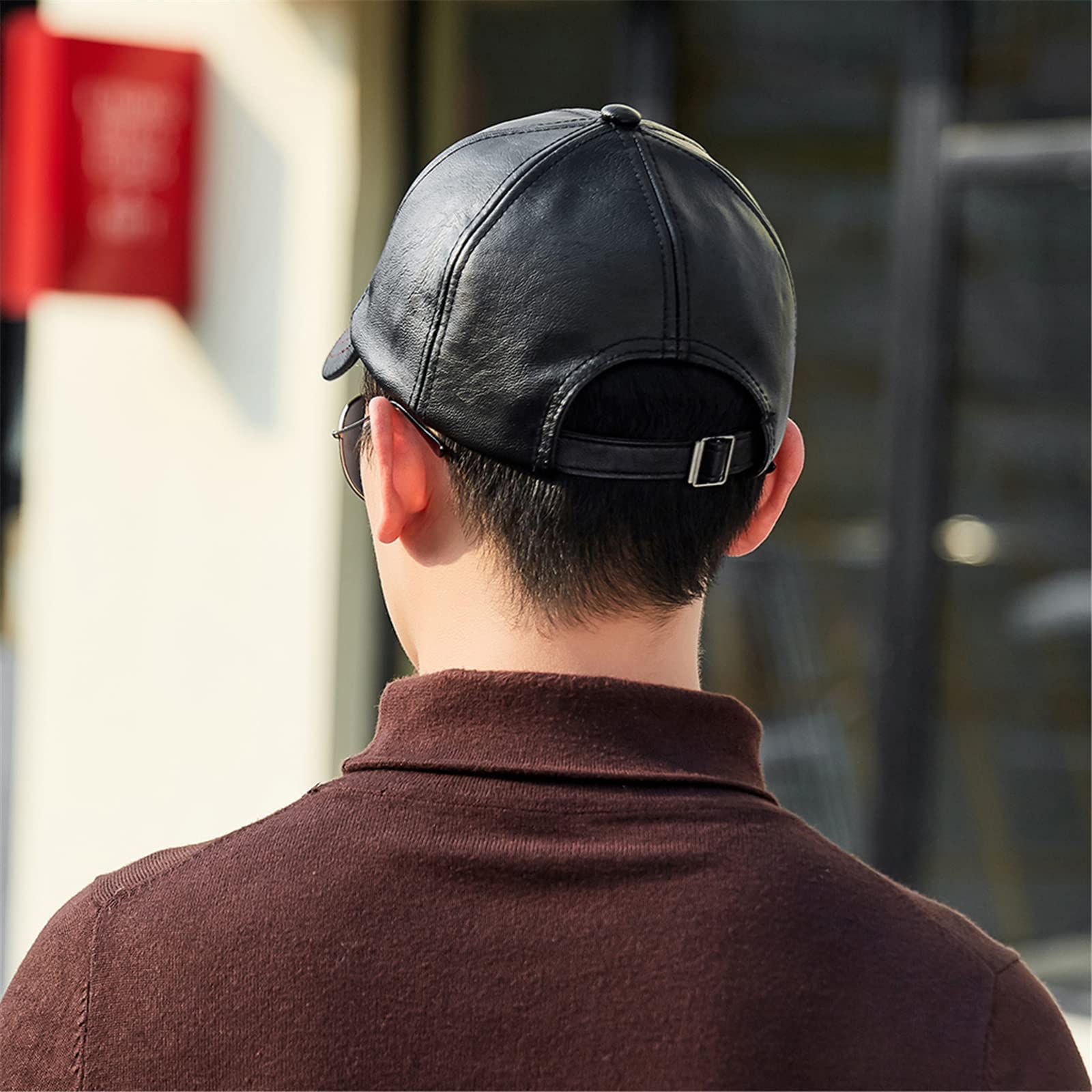 Adjustable Men's Baseball Cap Golf Cap Dad Hat Cowhide Leather Hunting Hat for Fall Winter Outdoor Sports Hat Black