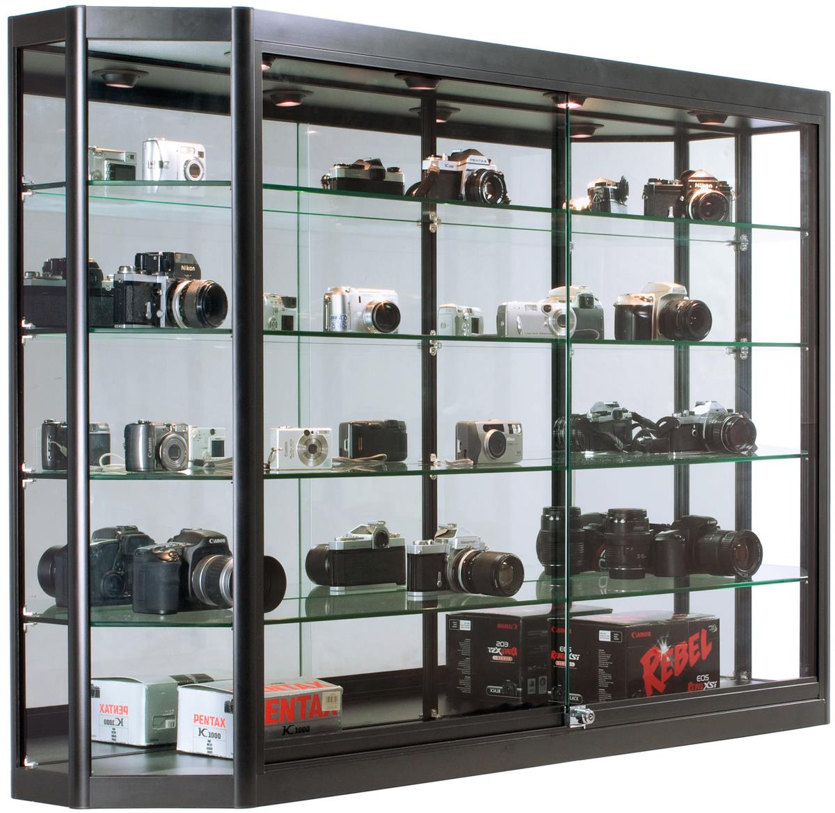 Displays2go Wall Hanging Display Cabinets for Retail Stores, (4) Tempered Glass Shelves, Aluminum Frame – Black (WC6012LEDB)