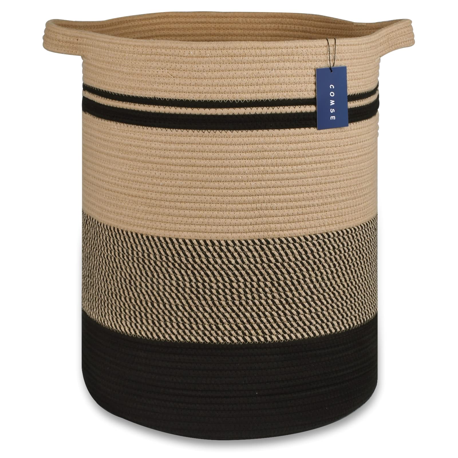 COMSE Extra Large Laundry Basket, Tall Blanket Basket, Laundry Hamper with Handles, 15.7”x 21.7”, Cotton Rope Basket, Woven Laundry Basket, Toy Basket, Clothes Baskets,Woven Basket, Brown/Black