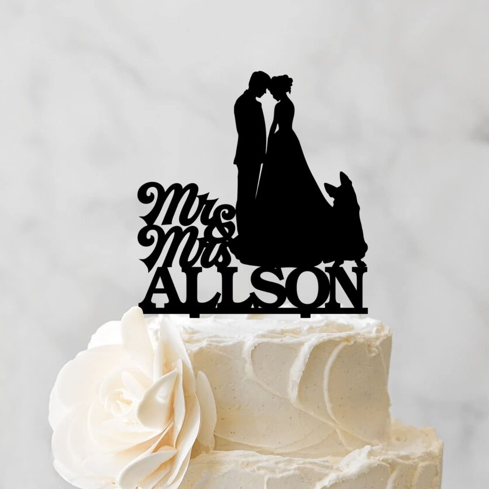 BYRON HOYLE Mr & Mrs Personalised Wedding Cake Topper Bride And Groom Toppers Silhouette Rustic With German Shepherd Dog Black Acrylic Custom (wczmx2fecozc)