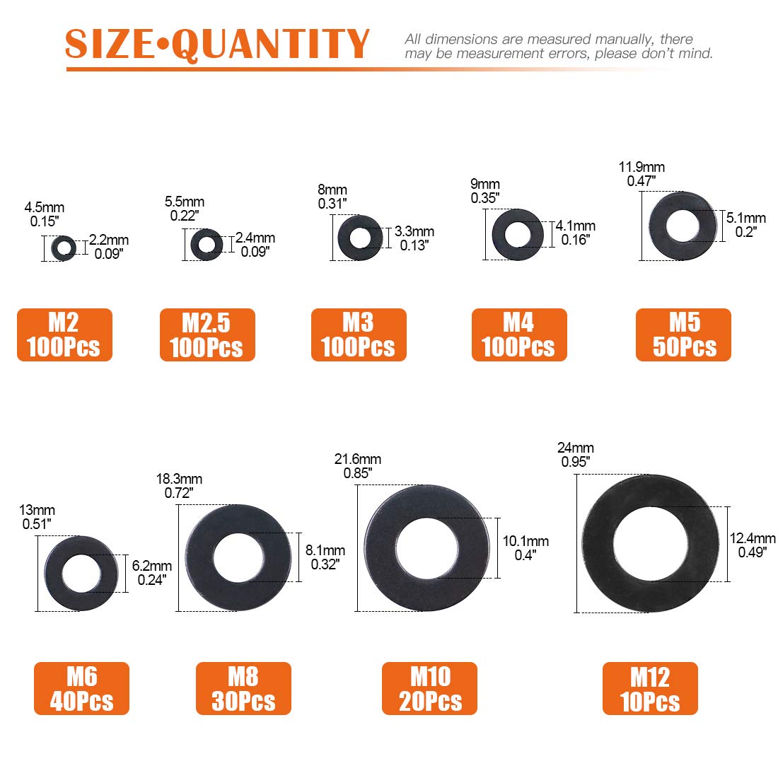 Rustark 550-Pcs [9 Sizes] Black Zinc Plated Alloy Steel Flat Washers Set Hardware Assortment Kit - M2 M2.5 M3 M4 M5 M6 M8 M10 M12