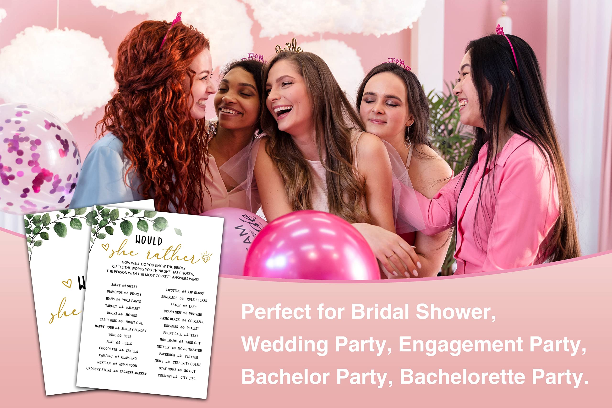 Bridal Shower Games - Greenery Engagement Party Game Cards For Wedding, Bachelorette Party - Bridal Shower Decorations - Would She Rather - 30 Cards(003)