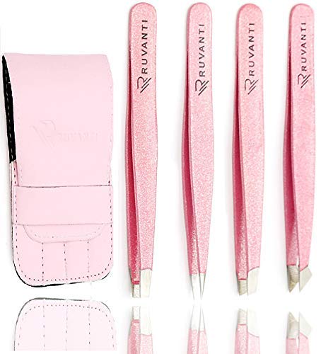 Ruvanti Tweezers 4 Pieces Set for Men/Women - Best for Plucking Eyebrow Facial & Ingrown Hairs, Slant Tip Pointed Straight & Precise - Pink