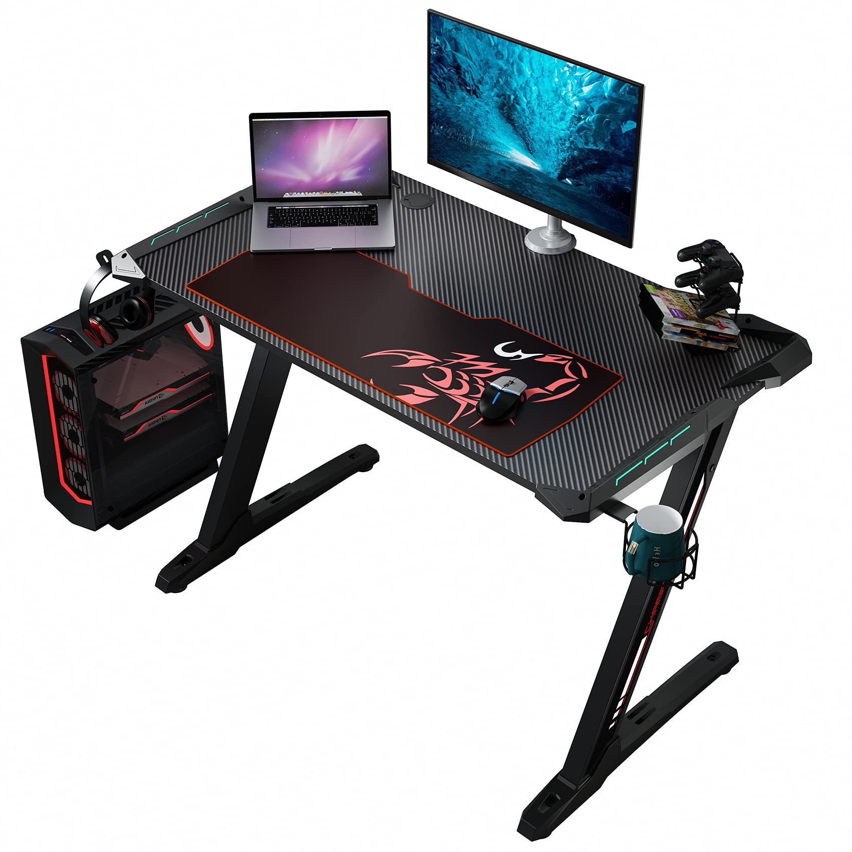 EUREKA ERGONOMIC Computer Desk, Gaming Desk with LED Lights 44.5 inch, Home Office Z Shaped Gaming Computer Desk Table with Mouse Pad Headset Hook Controller Stand Cup Holder, Black