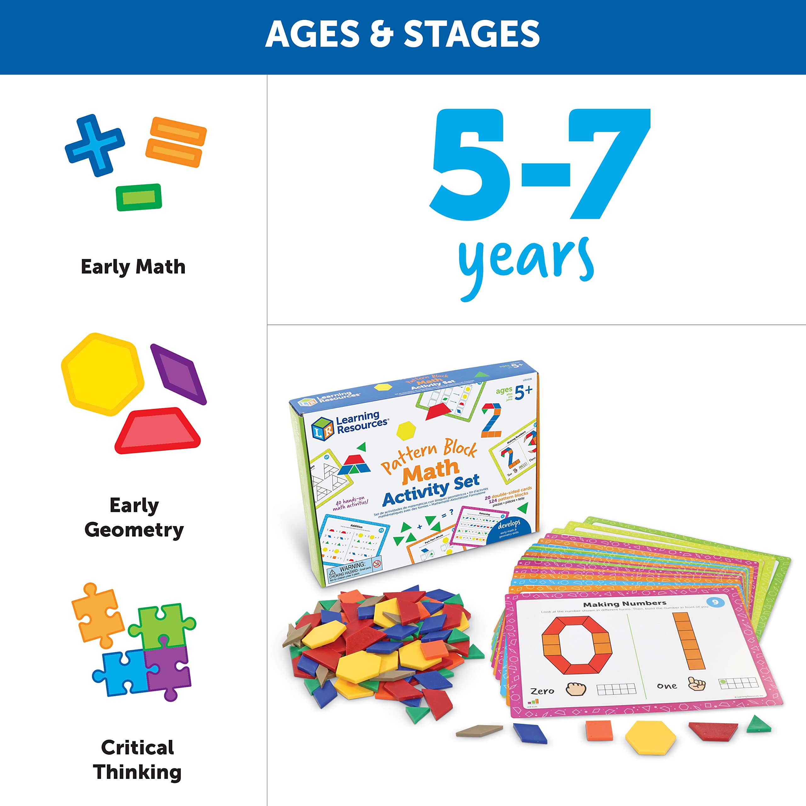 Learning Resources Pattern Block Math Activity Set, Math Games for Kids, Educational Games, Preschool Math, Montessori, 144 Pieces, Age 5+