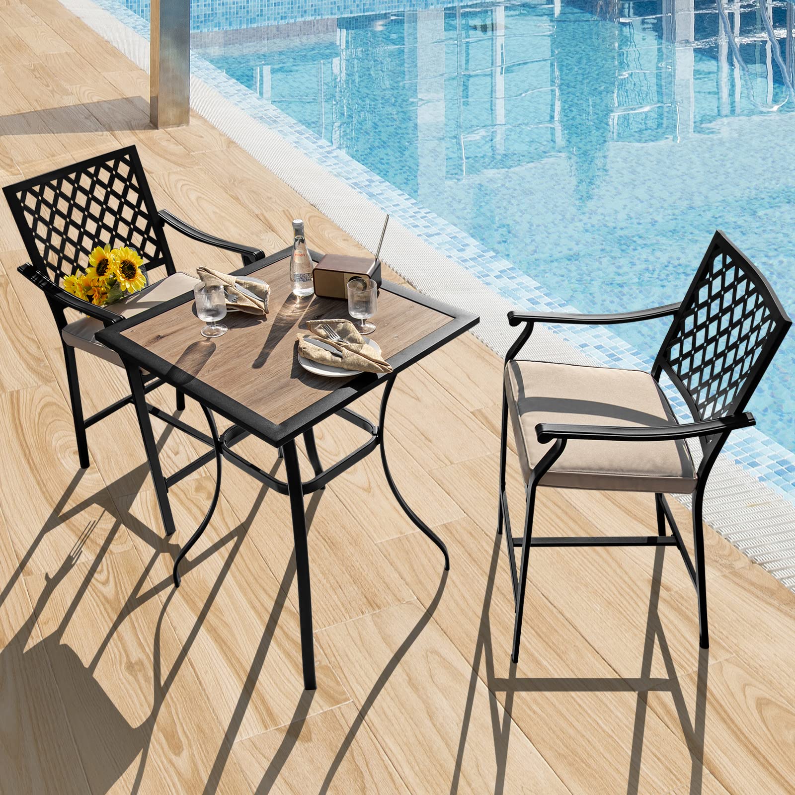 Tangkula 3 Piece Patio Bar Bistro Set, Outdoor Bar Height Stool & Table, Ergonomic Seat with Comfortable Cushion, Reinforced Steel Structure, Outside Dining Set for Poolside, Backyard (Beige)