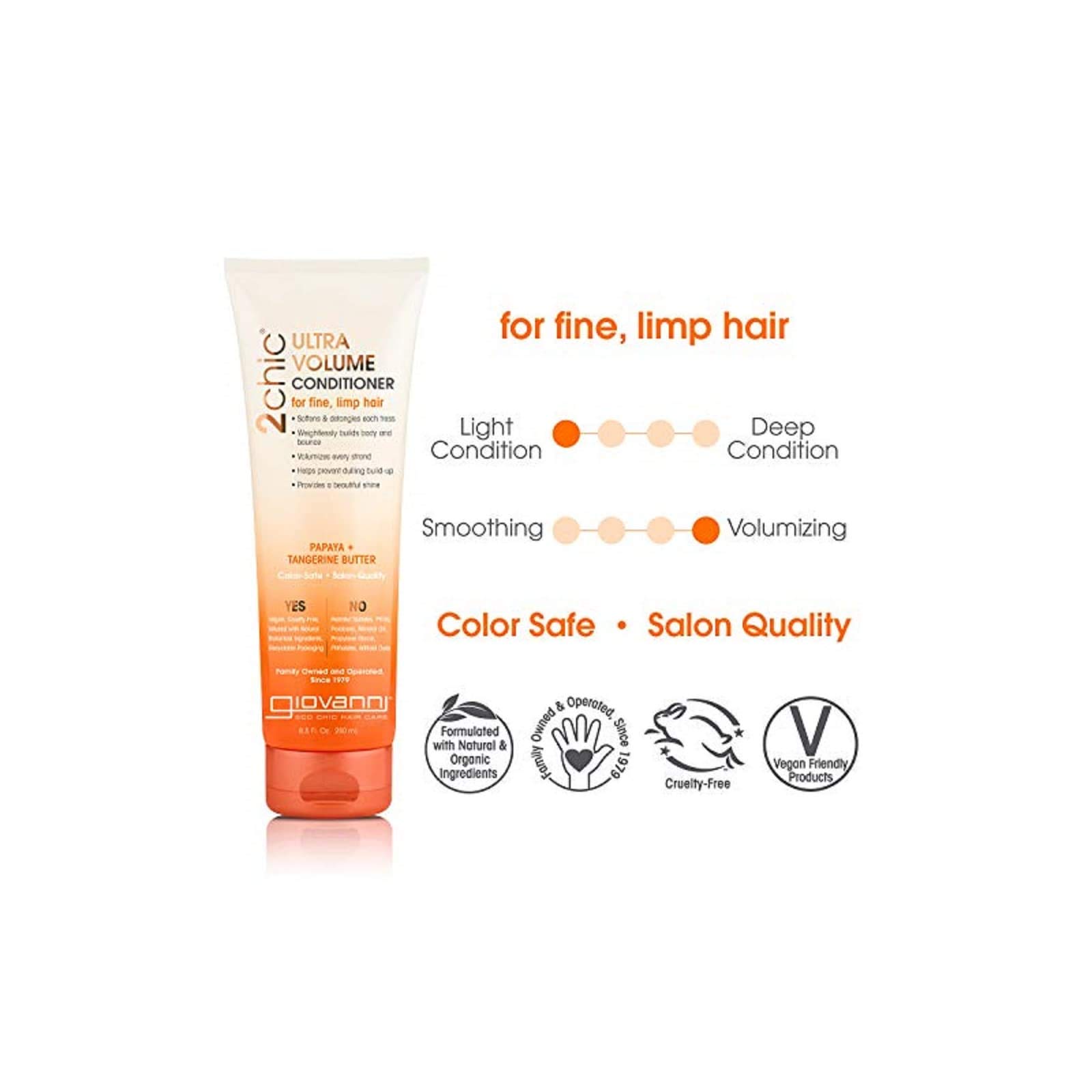 GIOVANNI 2chic Ultra-Volume Conditioner - Daily Volumizing Formula with Papaya & Tangerine Butter, Promotes Weightless Control for Thin Hair, No Parabens, Color Safe - 8.5 oz