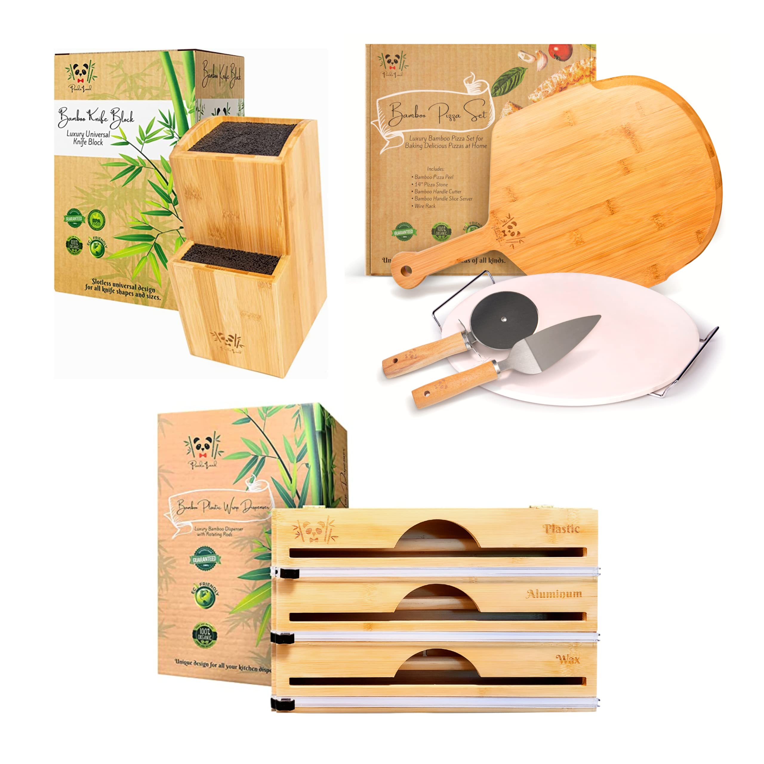 Bamboo Pizza Set, Dispenser, & Knife Block