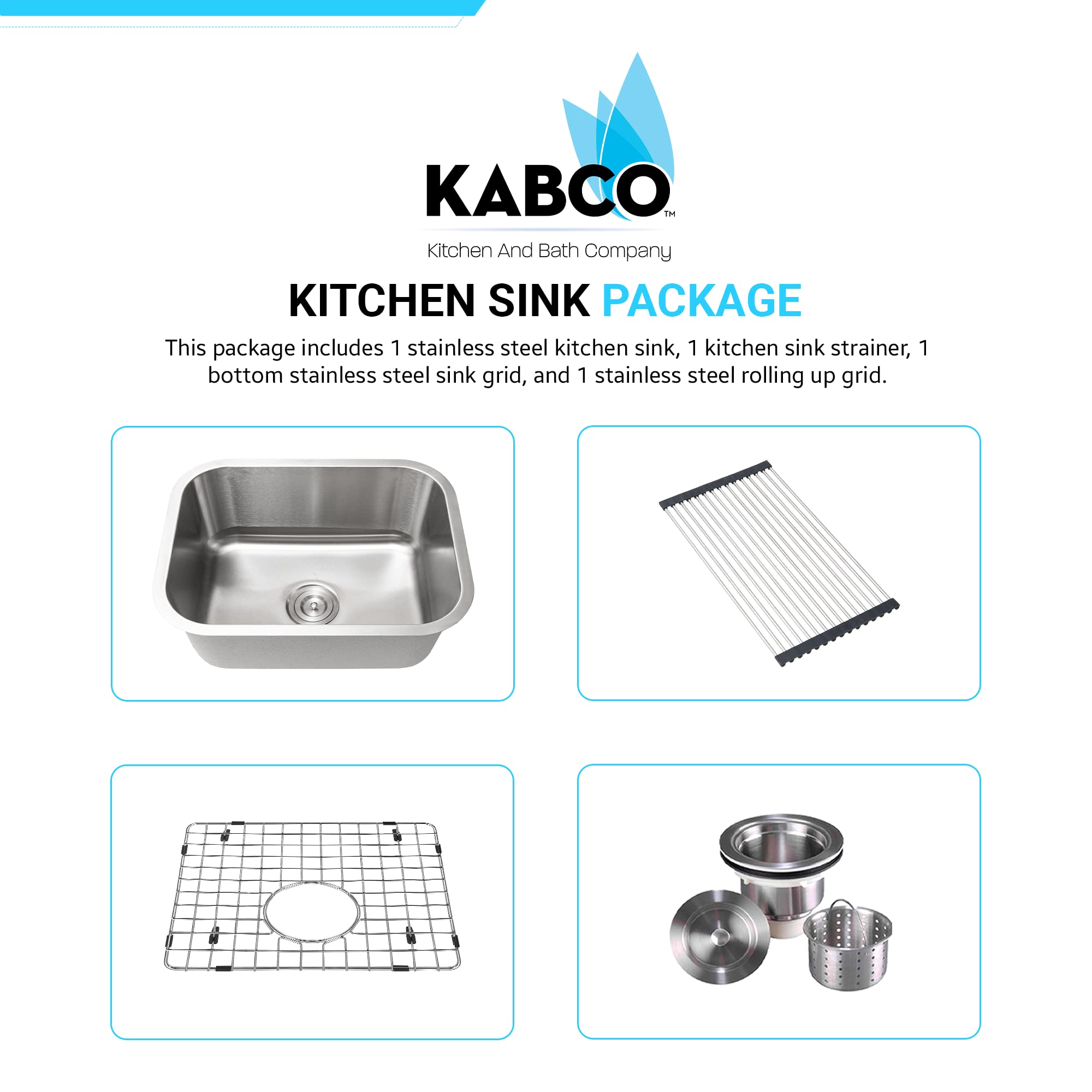 KABCO 23 Inch Single Bowl Stainless Steel Classic Kitchen Bar Sink, Rust, Sound and Heatproof Swirl Finish Stainless Steel Deep Sink with Kitchen Sink Strainer, Bottom Sink Grid and a Rolling Up Grid