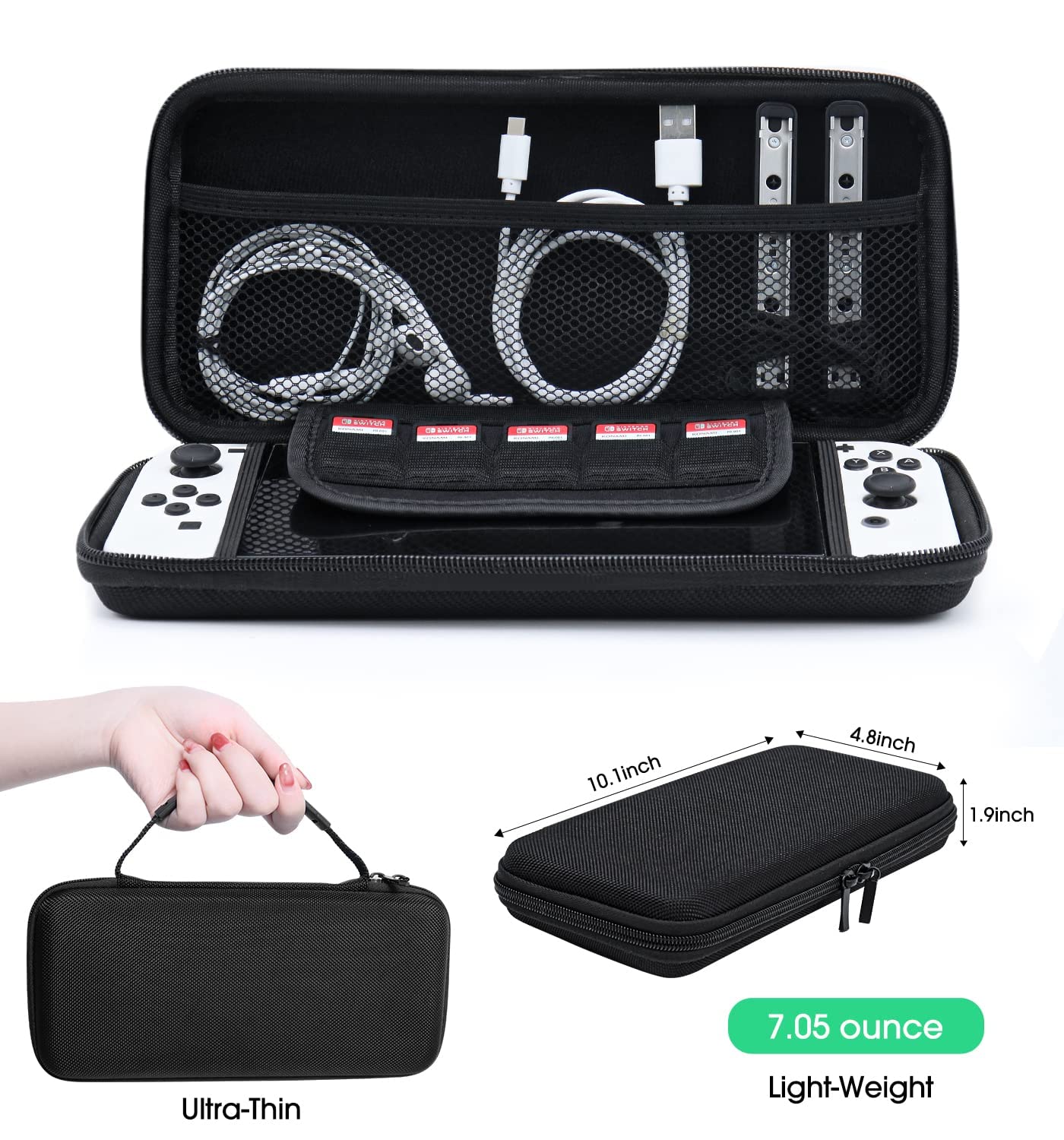 amFilm Switch OLED Accessories Bundle TechMatte 3-in-1 Essential Kit with Carrying Case, 2 Glass Screen Protectors, Designed for Nintendo Switch OLED Model 2021, Classic Black