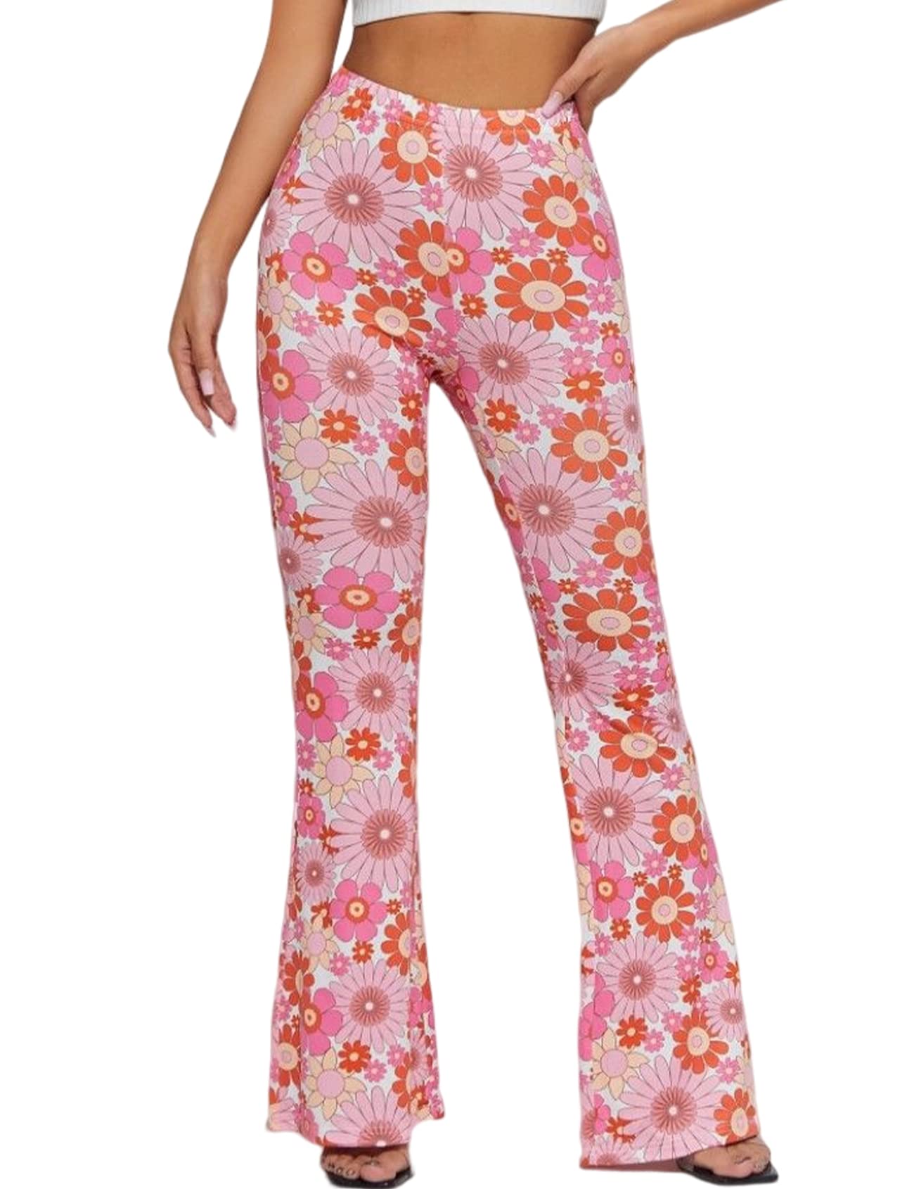 Arssm Boho Flare Pants 70s High Waist Flowerl Print Wide Leg Yoga Hippie Pants(Pink-L)