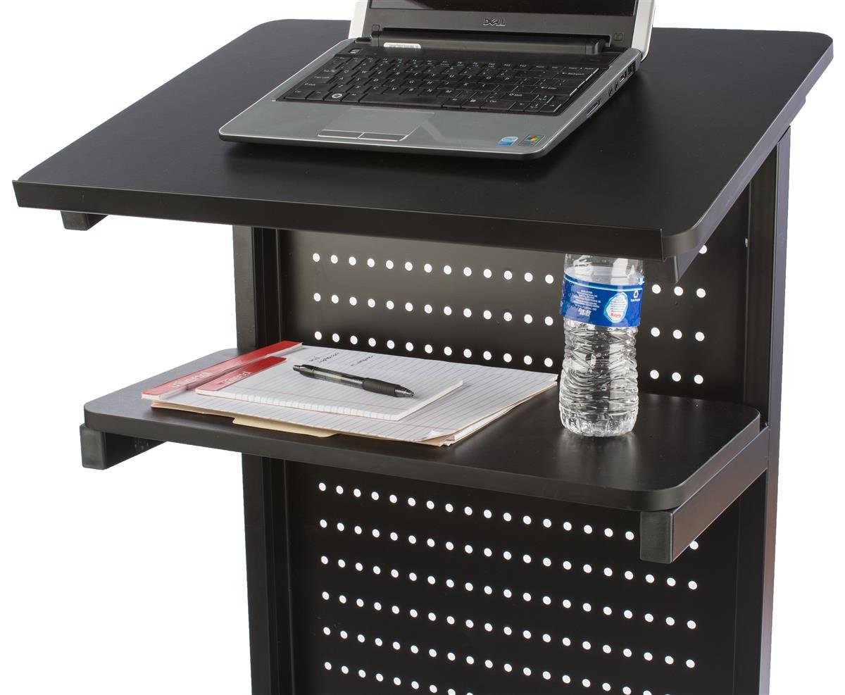 Displays2go Mobile Podium, 46.5 x 23 Inches, Locking Wheels, Shelf Included, Black Steel, MDF Wood (LCTMOBMETB)