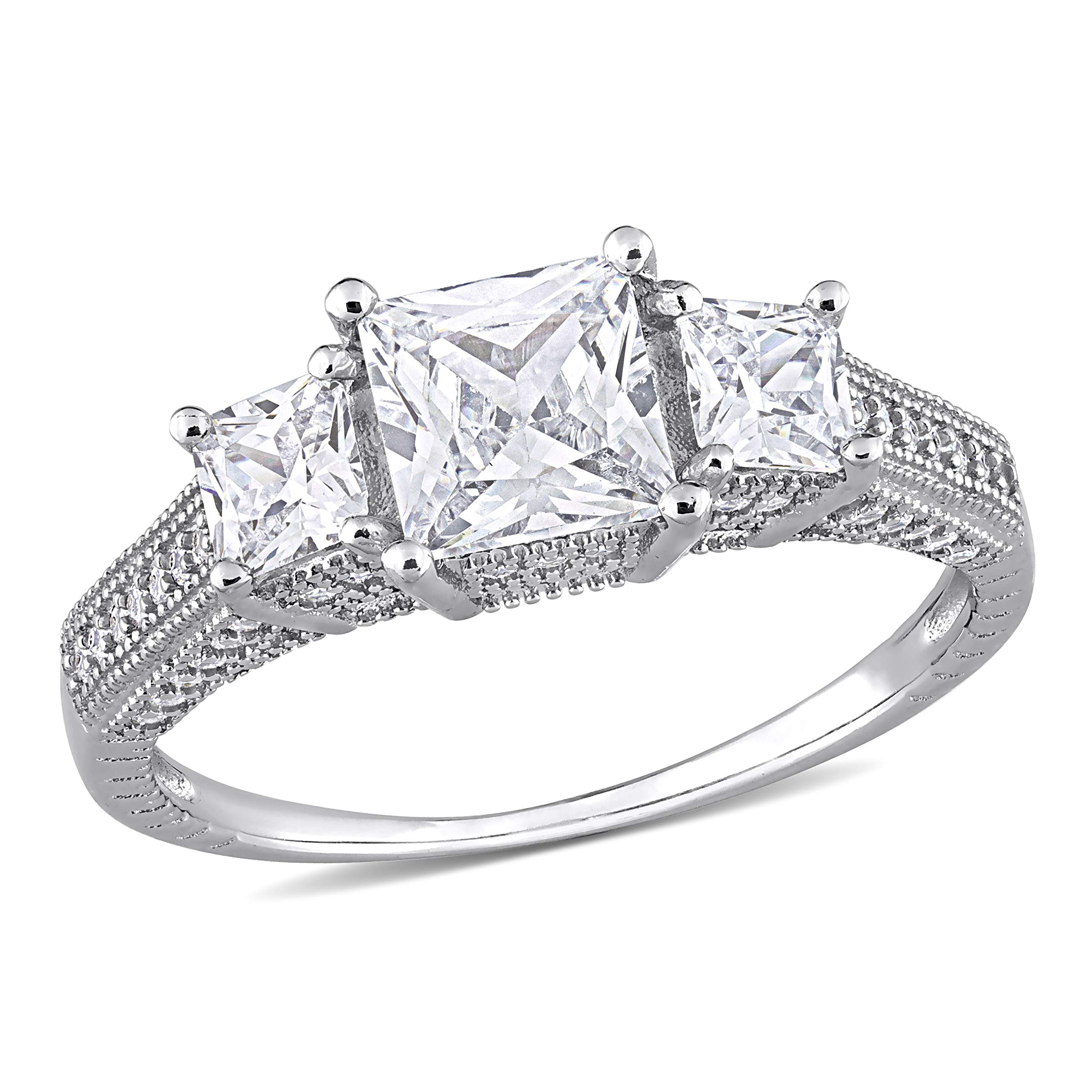 Abbie+Cleo Radiant Shape Cubic Zirconia 3-Stone Statement Engagement Ring in Rhodium Flash Plated Sterling Silver, Size 5