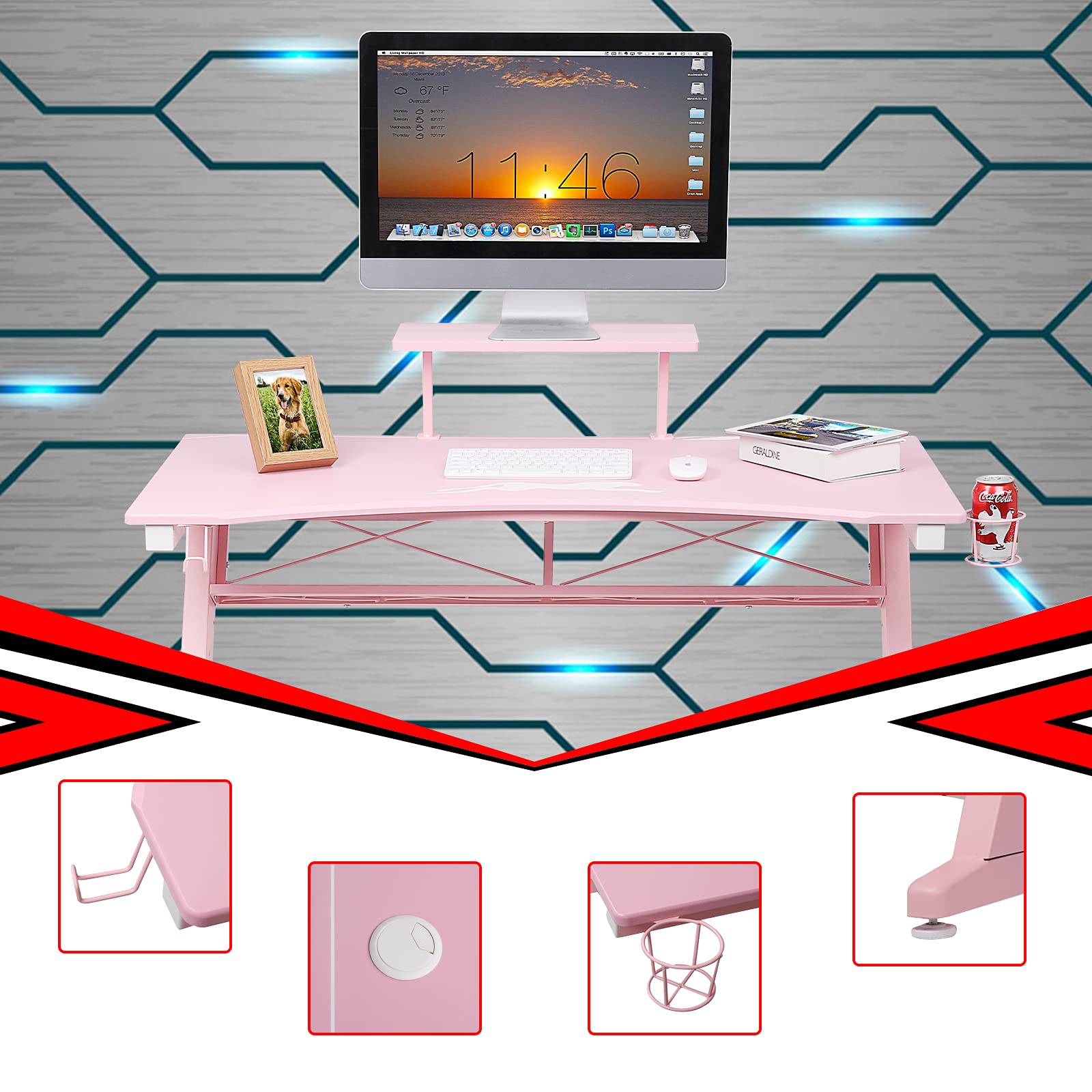 ErgoDesign Gaming Desk with Z Shaped Legs, Professional Game Work Station, PC Gamer Table with Stand Cup Holder & Headphone Hook (White/Pink)