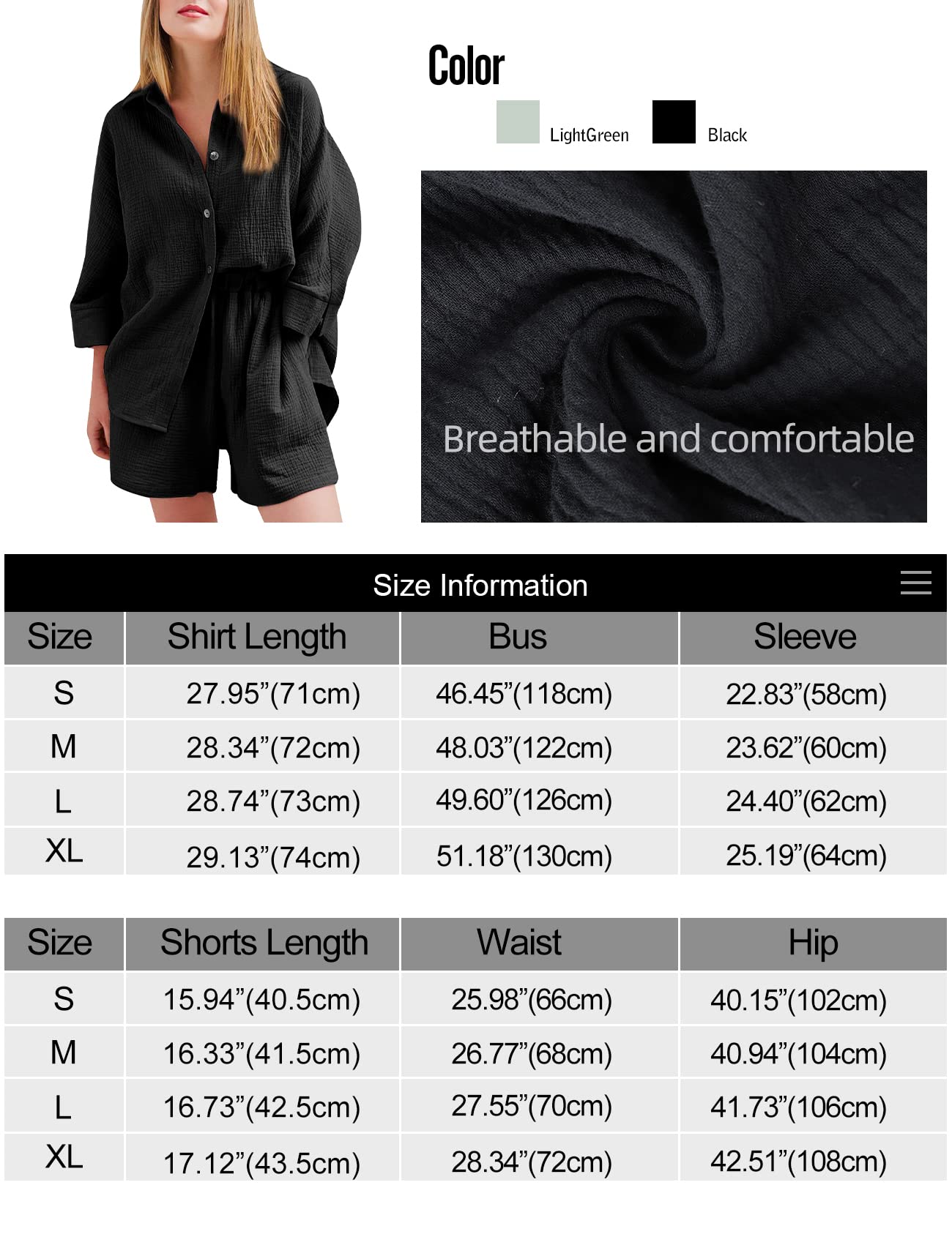Arssm Cotton Linen 2 Piece Set for Women Casual Half Sleeve Button Down Shirt + High Waist Side Pockets Shorts Set(Black-XL)