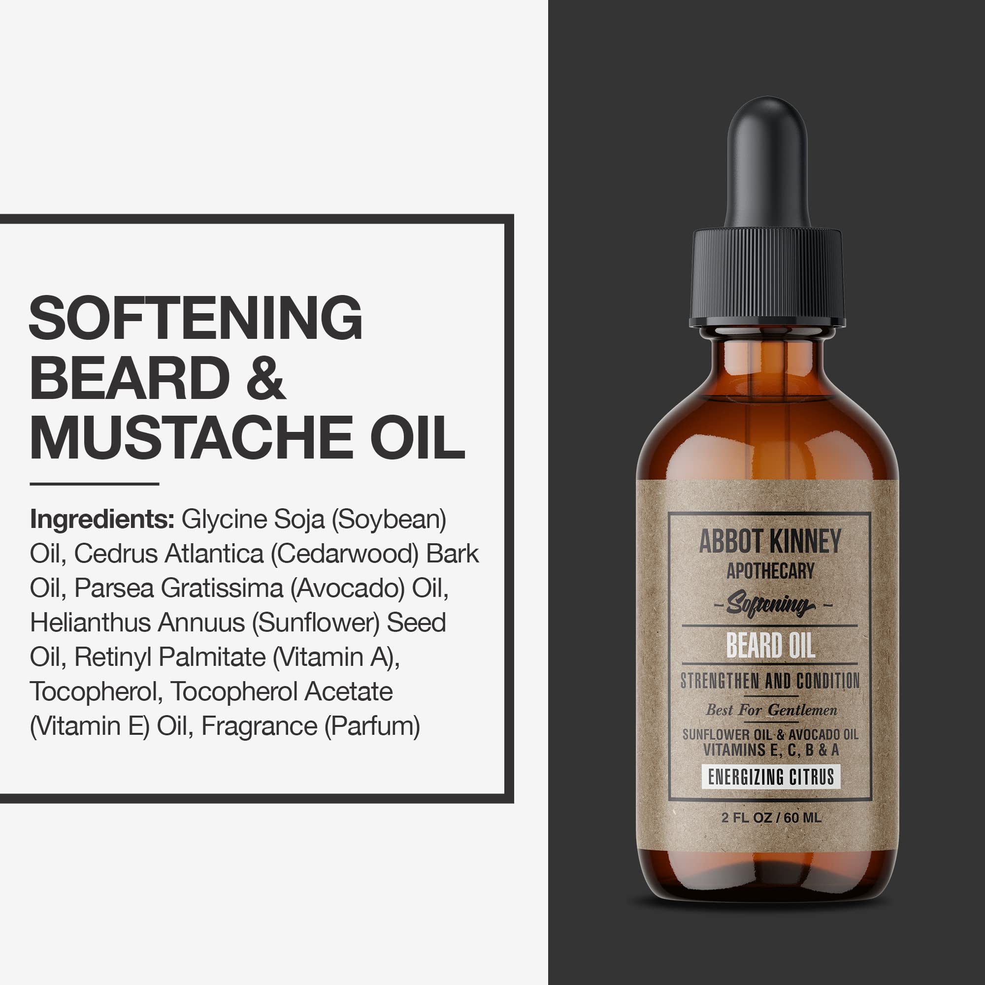 ABBOT KINNEY APOTHECARY Beard Oil for Men - Natural Ingredients, Energizing Citrus Scent, Promotes Healthy Growth, Ideal for Dry Flaky Skin - Beard Conditioner - 2 Fl Oz